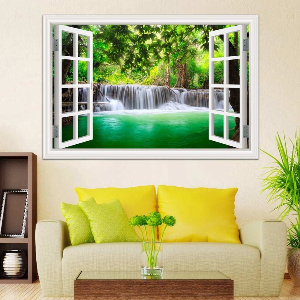 Vinyl Decal Waterfall Tree Fake Window Wall Poster Green Tree Lake Wall ...