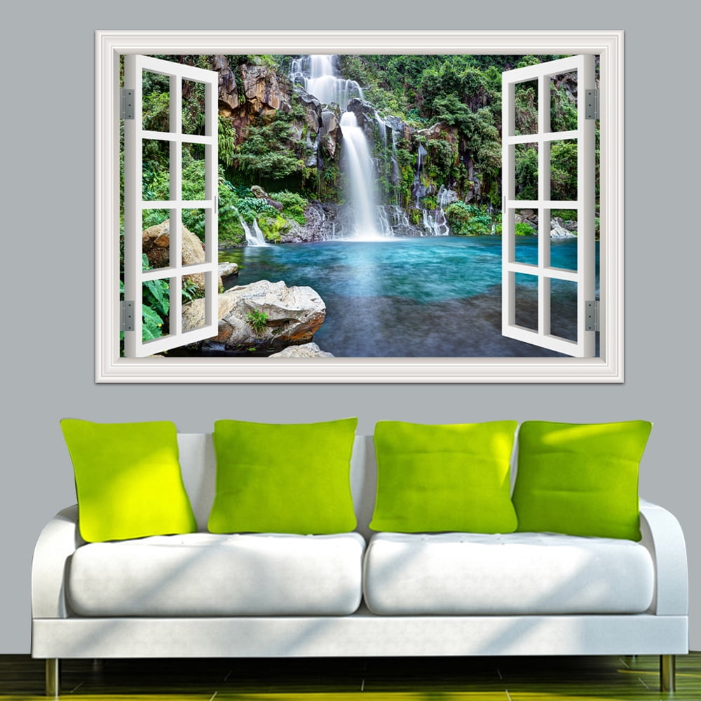 Vinyl Decal Waterfall Tree Fake Window Wall Poster Green Tree Lake Wall ...