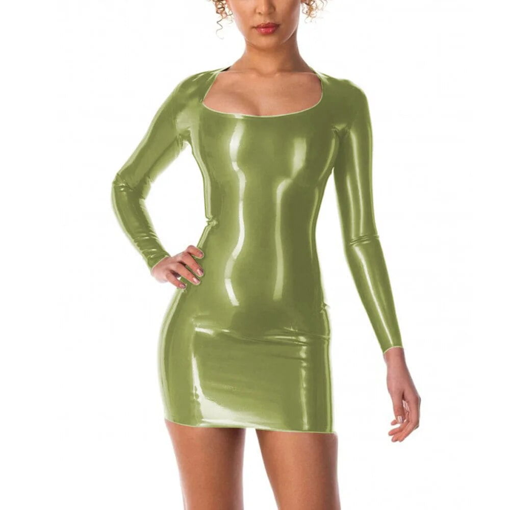 Vinyl PVC Leather Long Sleeve Bodycon Mini Dress for Womens Party Scoop ...