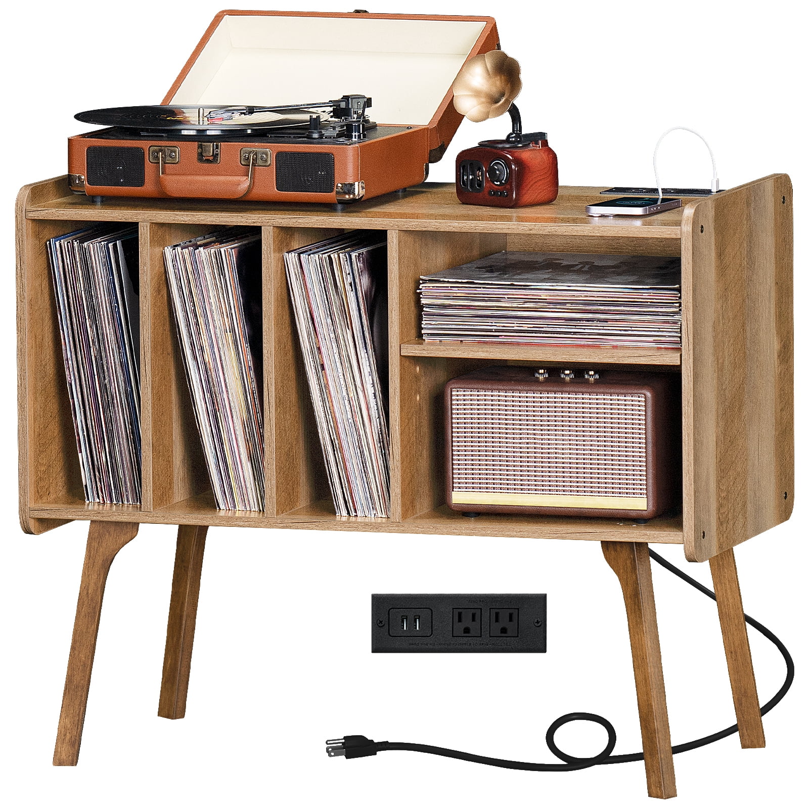 Vinyl Player Stand with Charging Station, Up to 220 Albums Collection ...