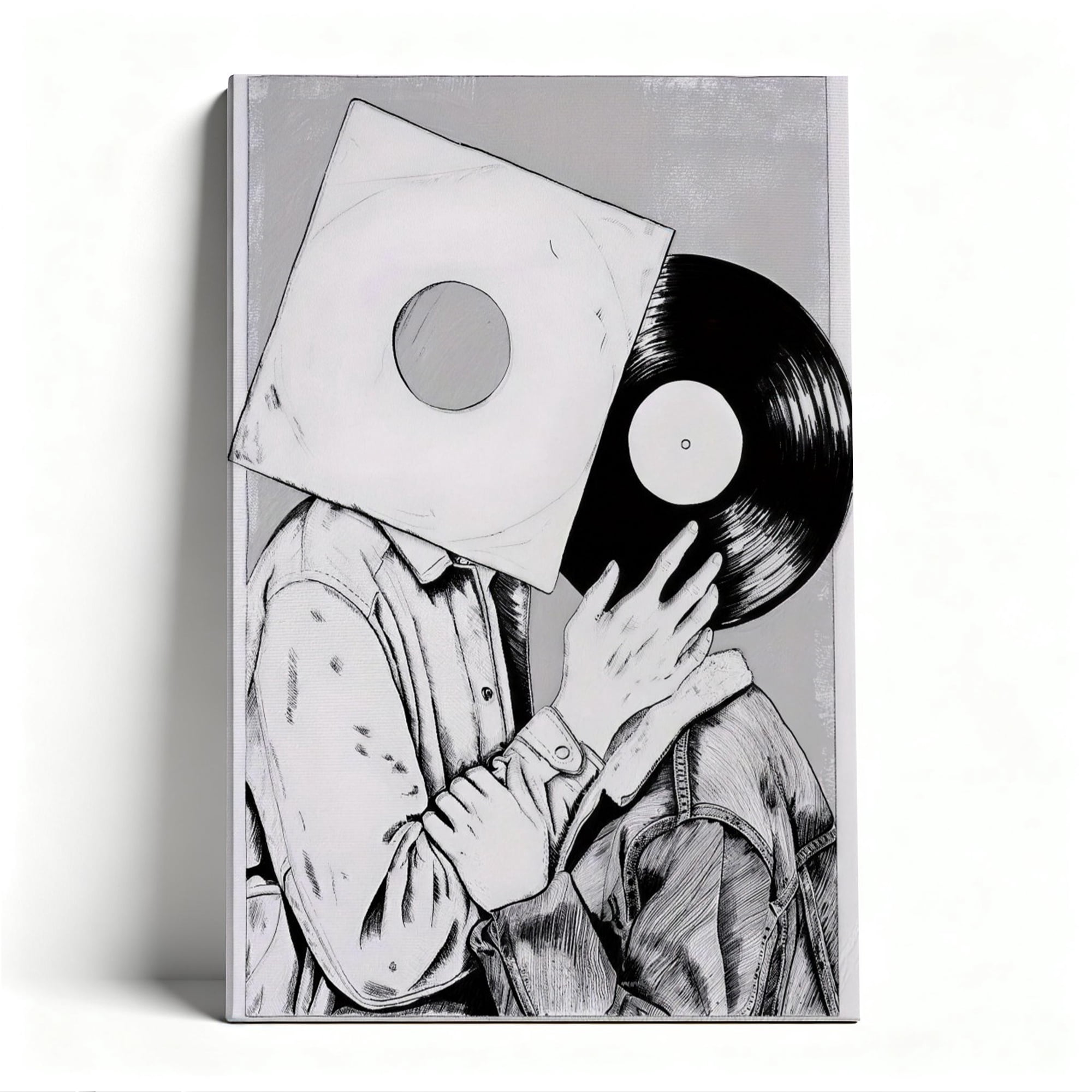 Vinyl Record Head Canvas Wall Art, Retro Music Decor, Surreal Pen & Ink ...