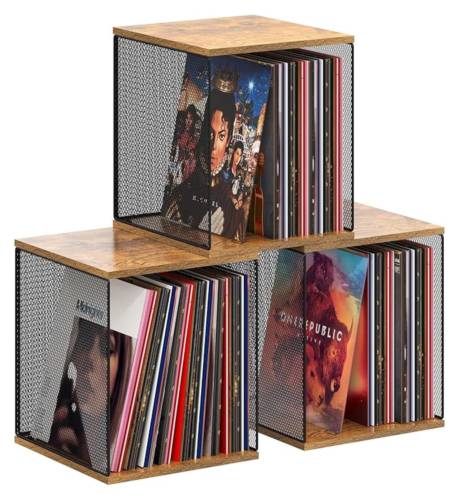 Vinyl Record Storage Cube, 3-Pack Stackable Organizer, 120-150 Records ...