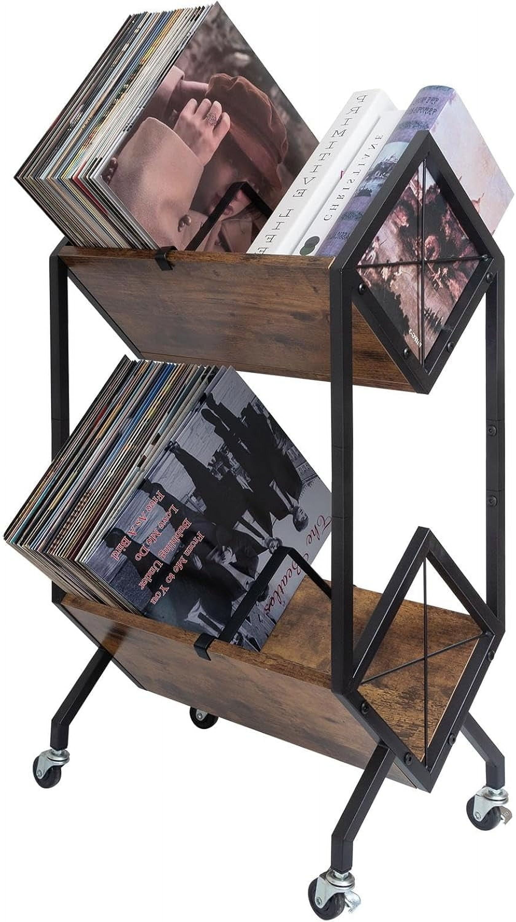 Vinyl Record Storage Holder with Wheels, 2-Tier Record Holder 160-200 ...