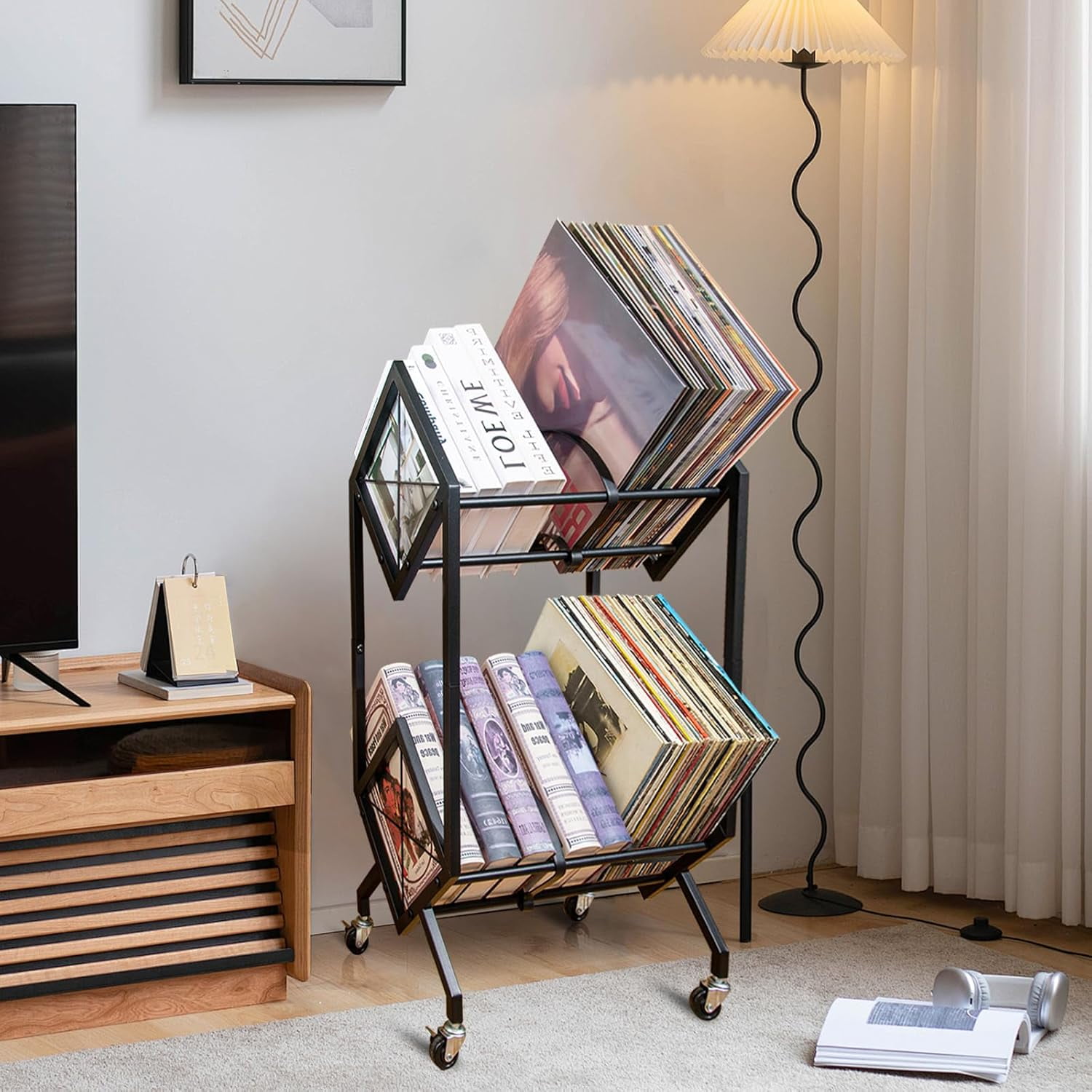 Vinyl Record Storage Rack, 2 Tier Record Organizer with Wheels, 200 LP ...