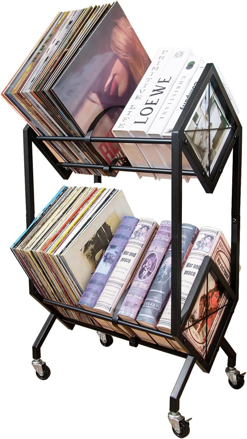 Vinyl Record Storage Rack, 2 Tier Record Organizer with wheels, 200 LP ...