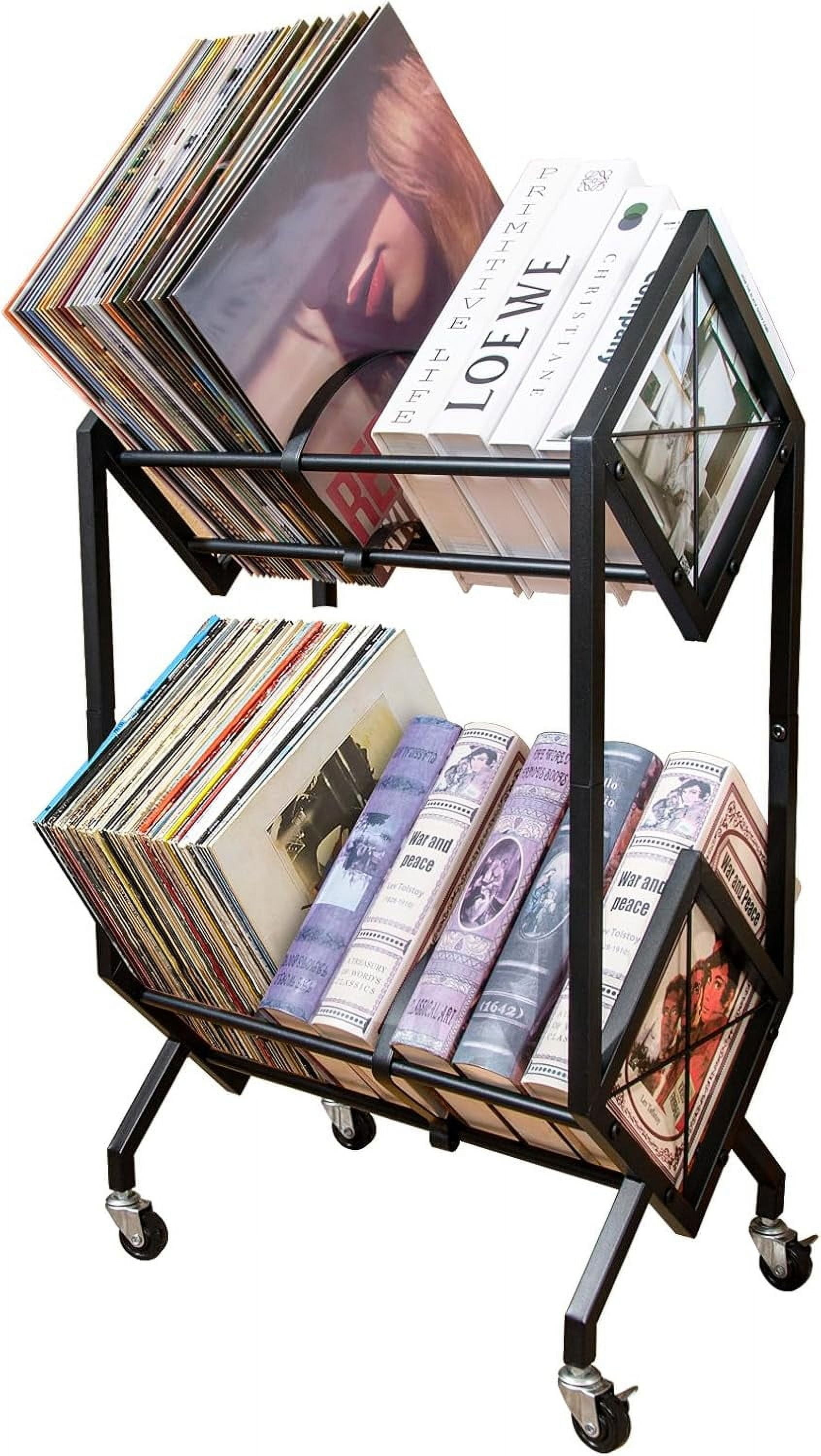 Vinyl Record Storage Rack, 2 Tier Record Organizer with Wheels, 200 LP ...