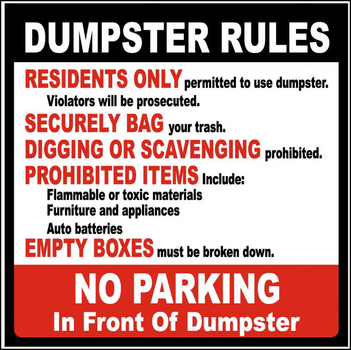 Vinyl Stickers - Dumpster Rules No Parking Sign - Safety and Warning ...