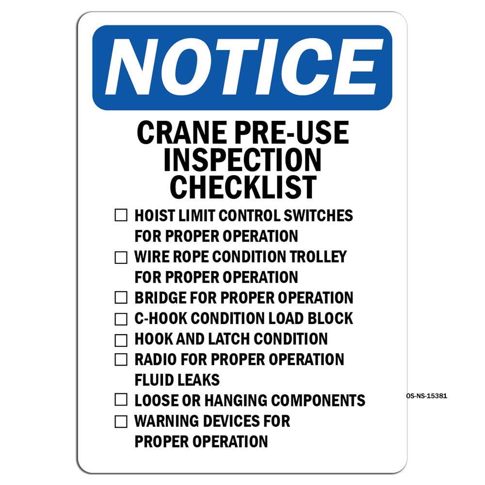 Vinyl Stickers - Notice - Crane Pre-Use Inspection Checklist Sign ...