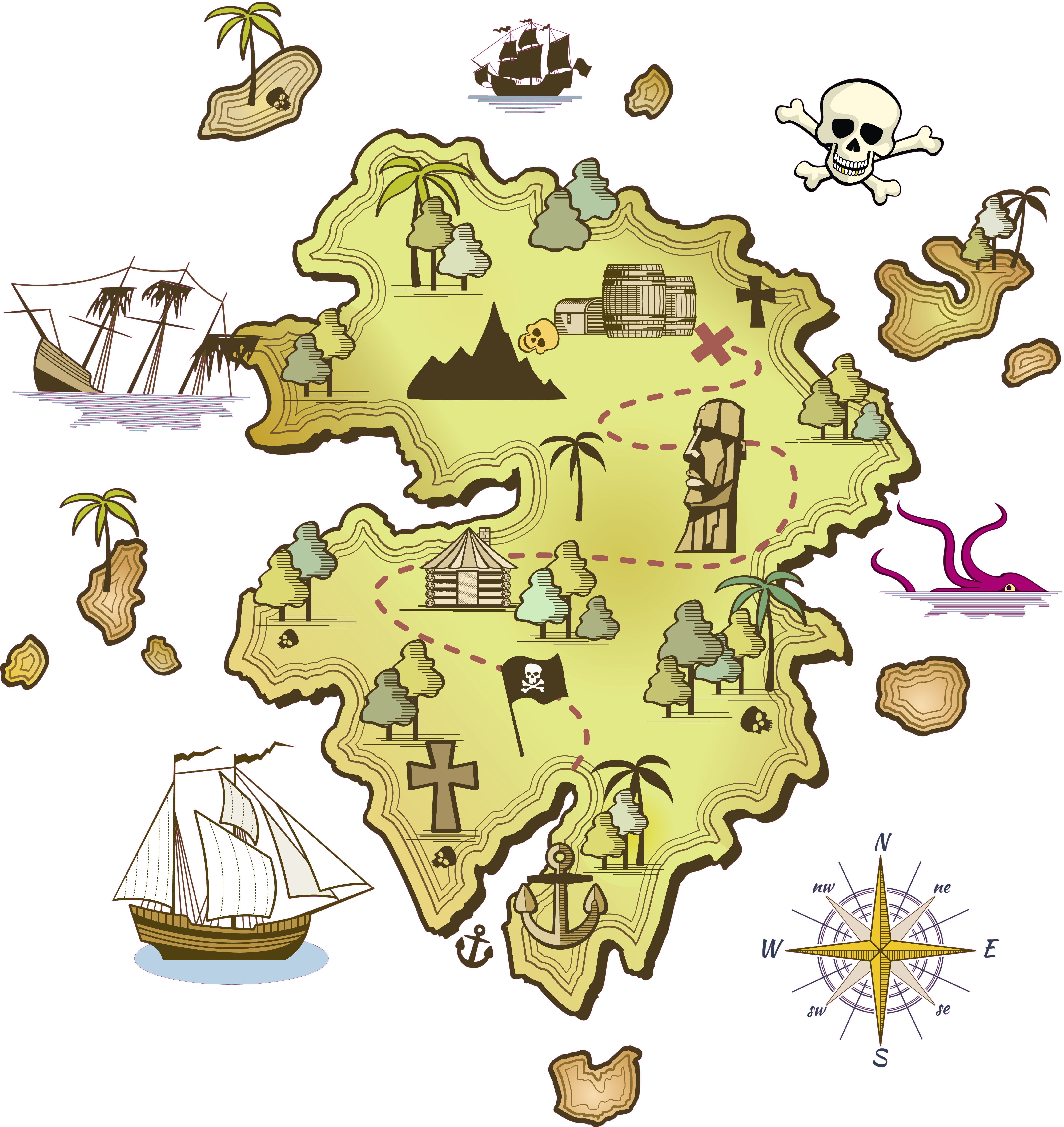 Vinyl Treasure Map Decoration Sunken Pirate Ship Kraken Large Octopus ...