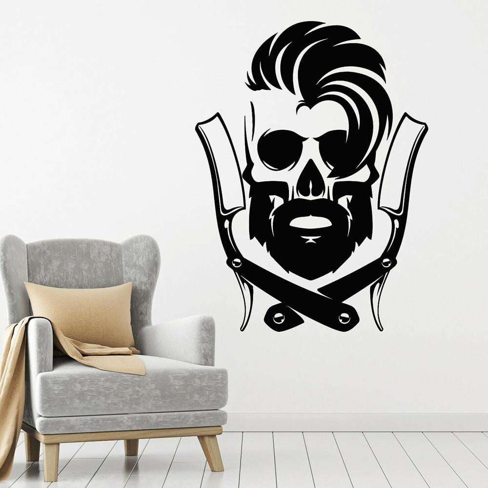 Vinyl Wall Decal Barber Tools Skull Barbershop Shaving Haircut Wall ...
