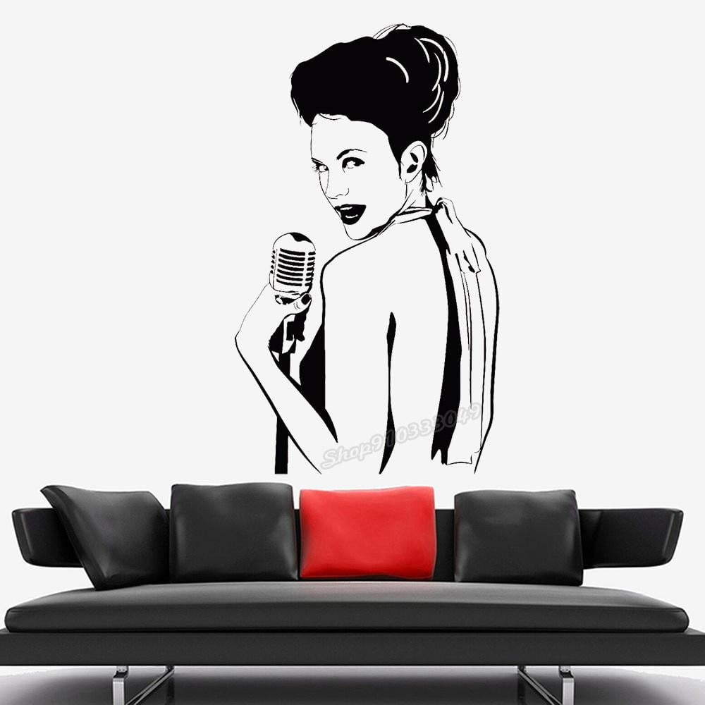 Vinyl Wall Decal Singer Retro Microphone Woman Voice Jazz Wall Stickers ...