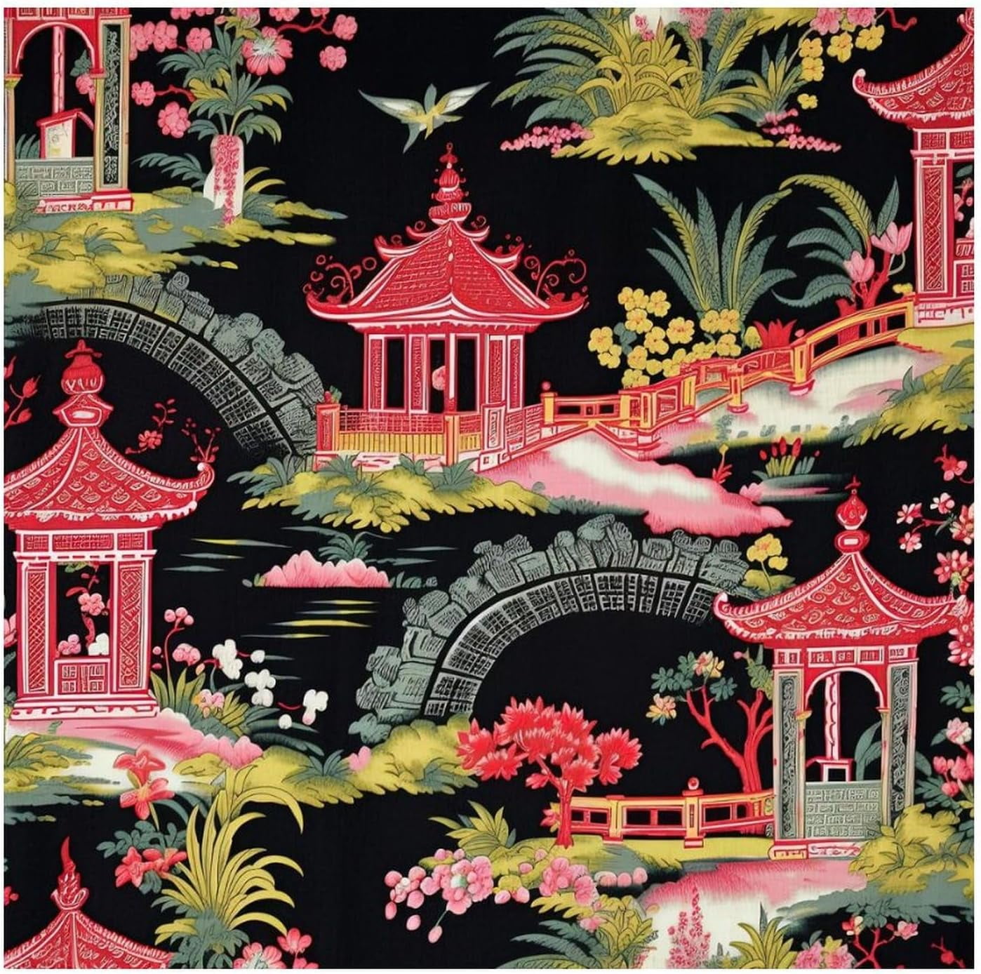 Vinyl Wall Quotes Stickers Chinoiserie Pagoda Asian Charcoal Coral ...