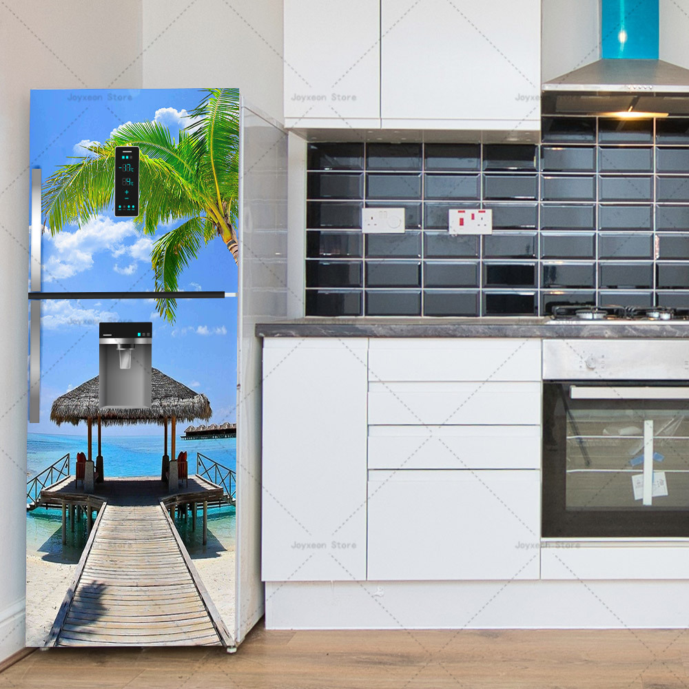 Vinyl Waterproof Refrigerator Stickers Seaside Scenery Kitchen Stickers ...