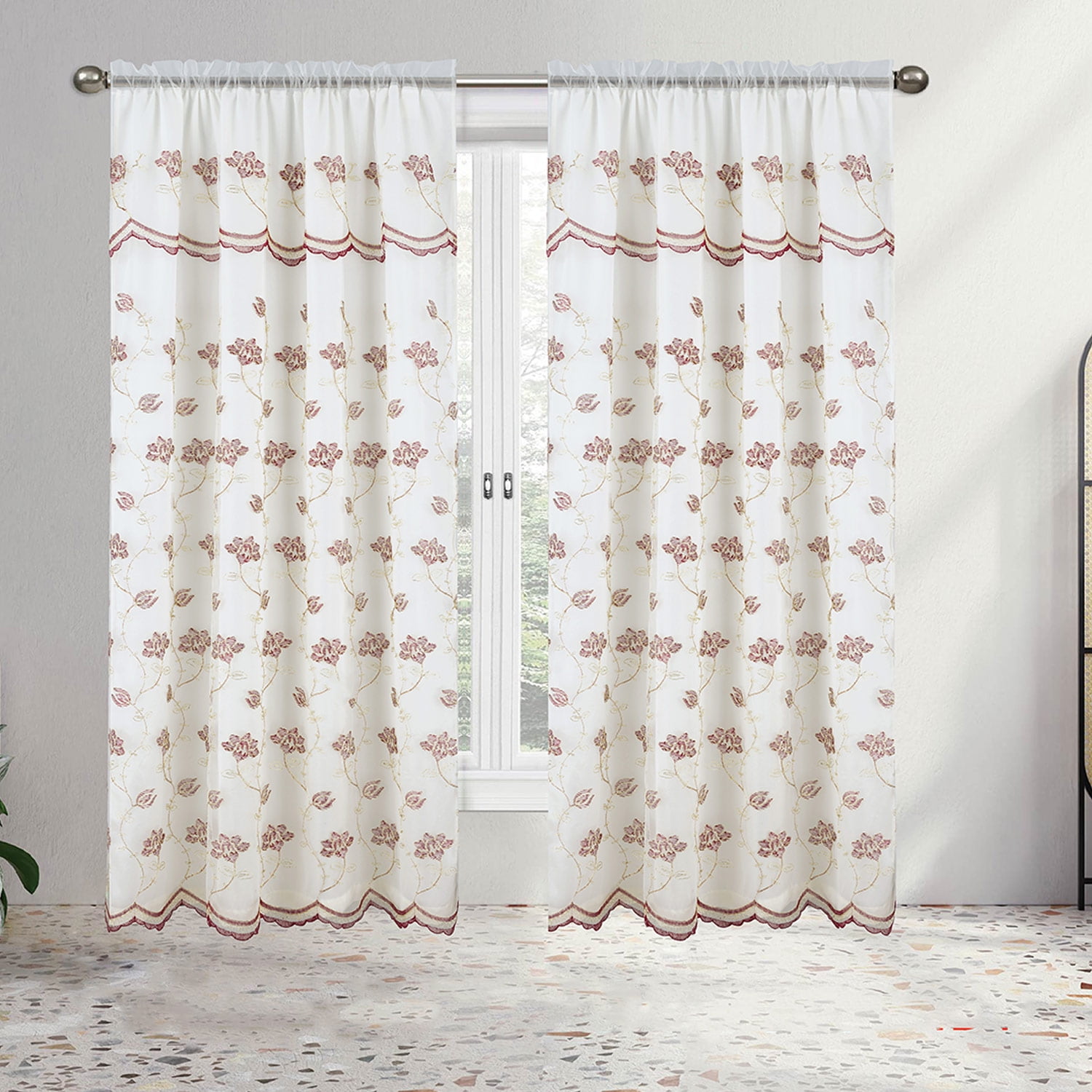 Viola Floral Embroidery Panel with Valance and Backing, Beige-Gold ...