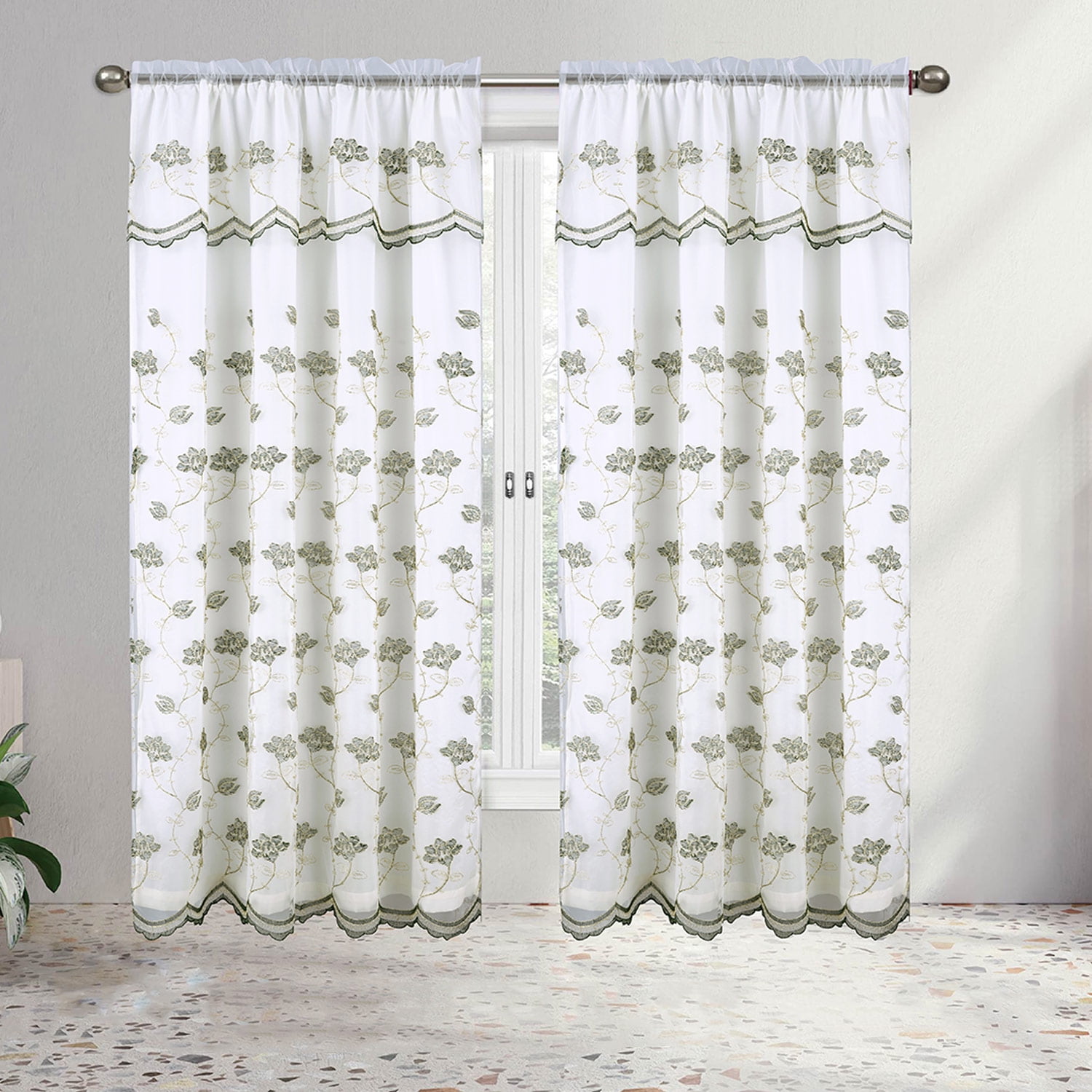 Viola Floral Embroidery Panel with Valance and Backing, Beige-Gold ...