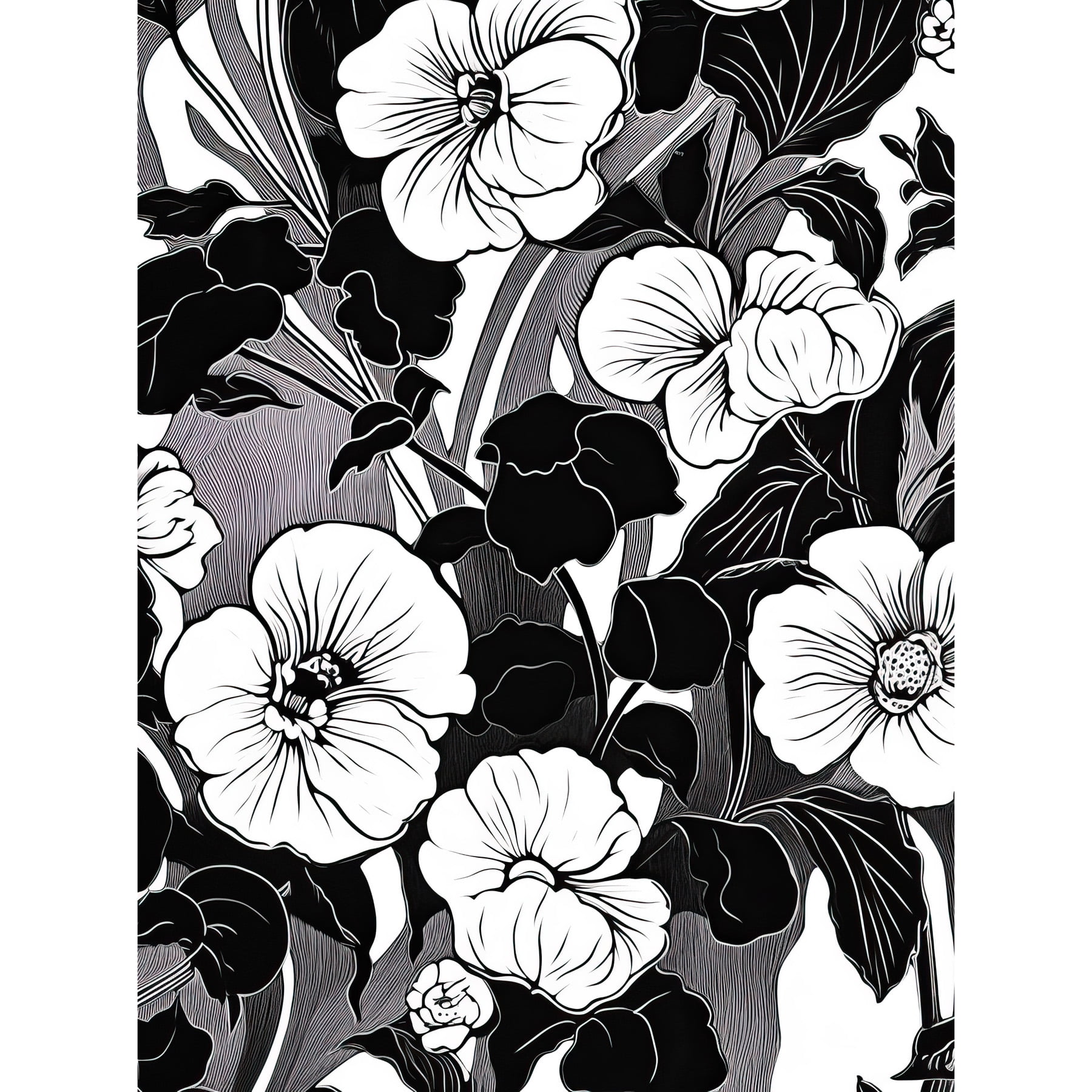 Viola Flower Blooms Black and White Illustration Unframed Wall Art ...