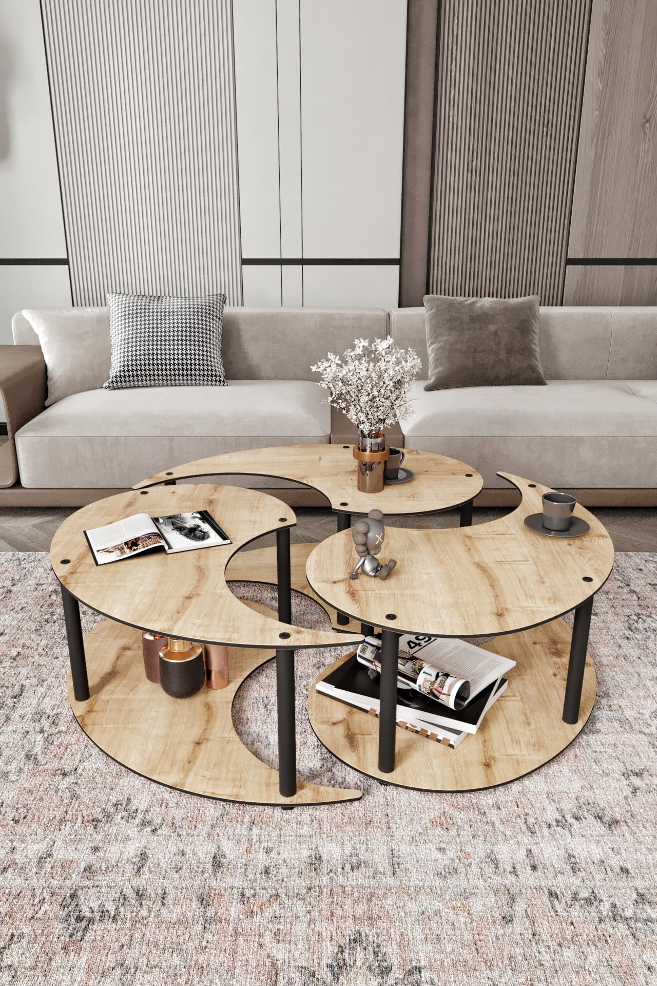 Violaura Yi̇n Yang Coffee Table 3 Set In New Natural Color, High ...