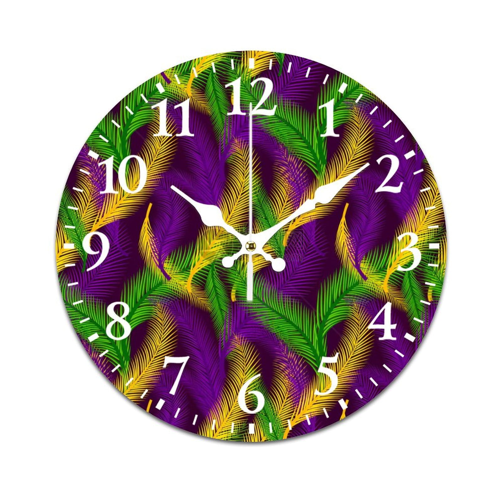 Violet And Green Festive Mardi Gras Carnival Palm Leaves Wall Clock ...