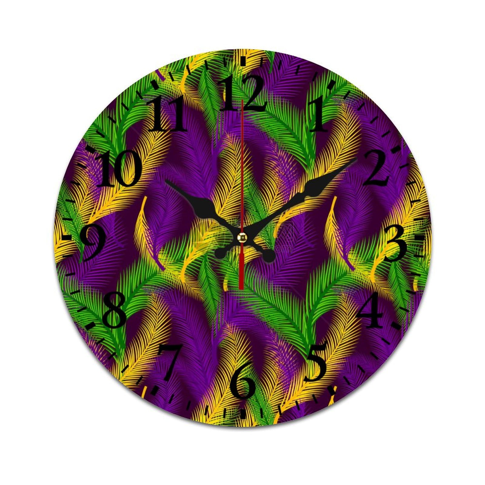Violet And Green Festive Mardi Gras Carnival Palm Leaves Wall Clock ...