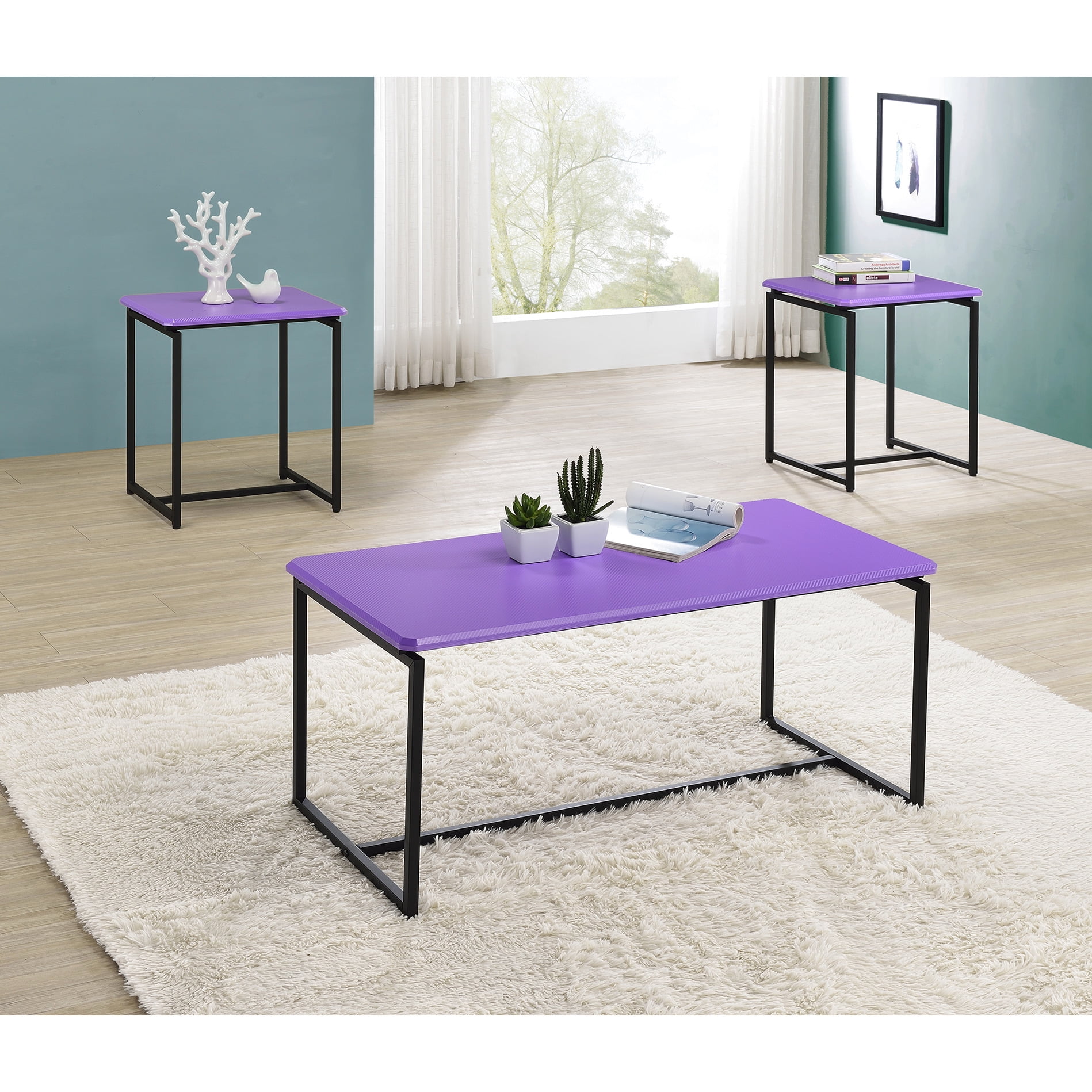 Violet Carbon Fiber Table With Metal Base - 1 Coffee And 2 End Tables Rectangular Tops Wrap In ...