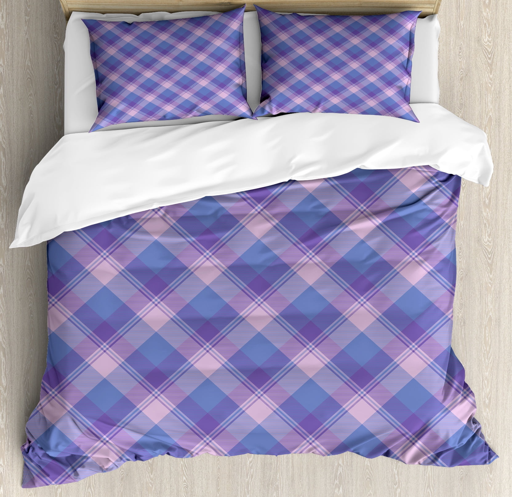 Violet Duvet Cover Set, Checkered Like Stripes Tartan Plaid Horizontal ...