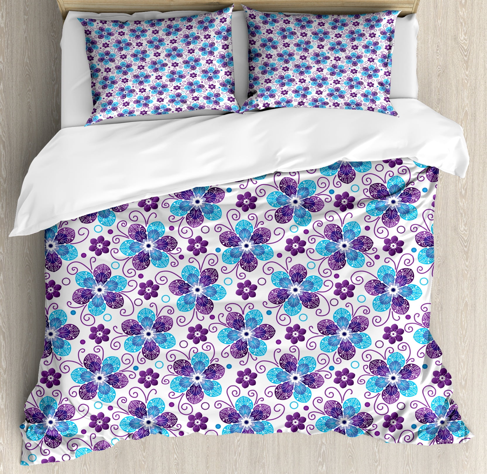 Violet Duvet Cover Set, Folk Ornamental Floral Motley Dotty Flowers ...