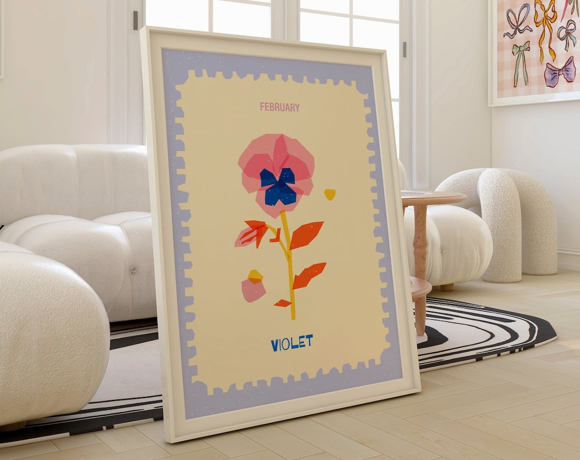 Violet Flower Art Print, Colorful February Birth Month Poster Wall Art ...