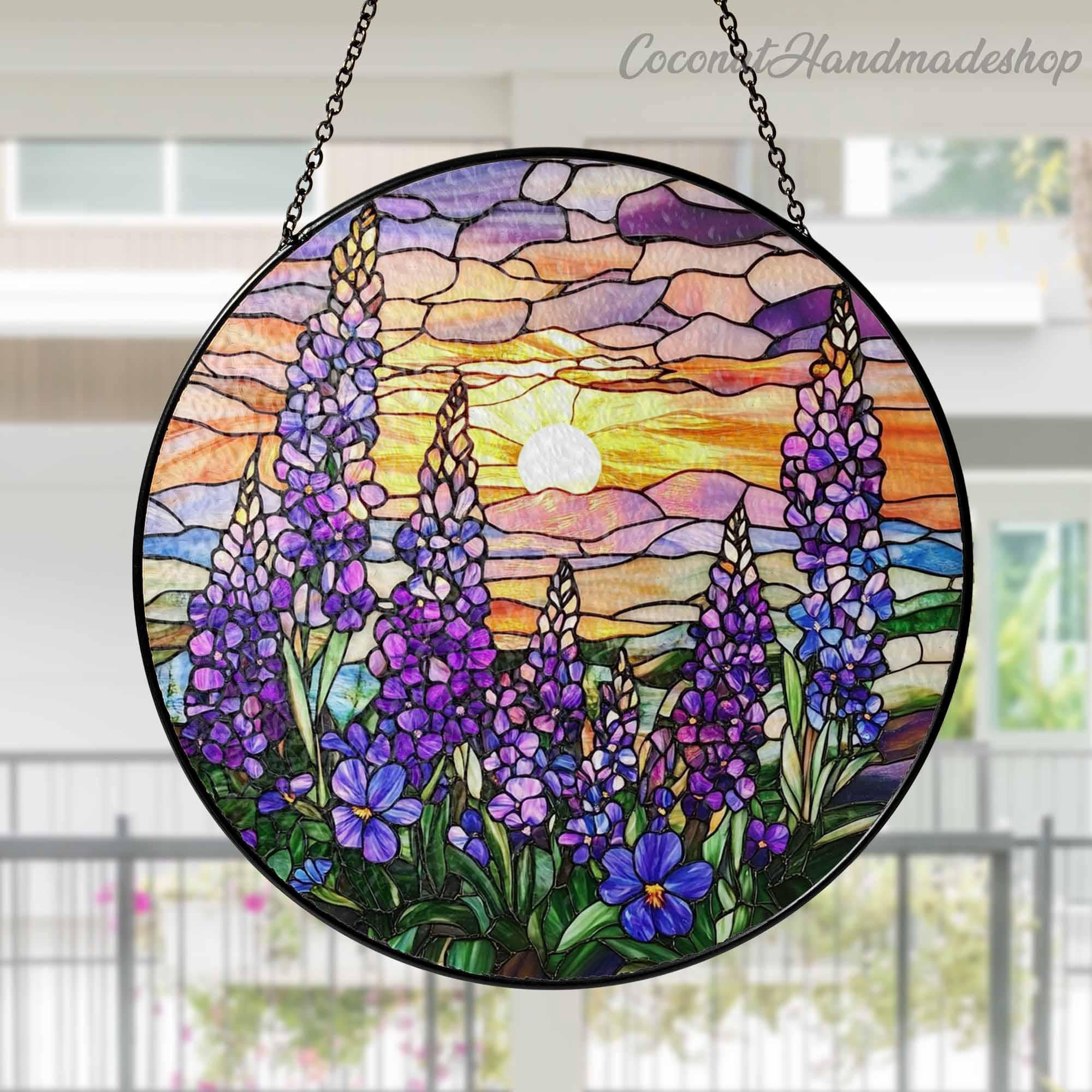 Violet Flower Field Glass Suncatcher, February Birth Month Flower Glass ...