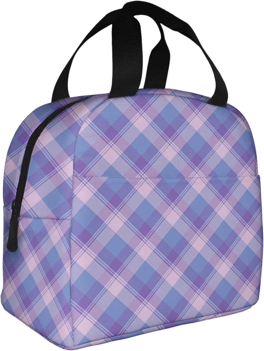 Violet Insulated Lunch Bags for Women with Pocket,Stripes Tartan Plaid ...