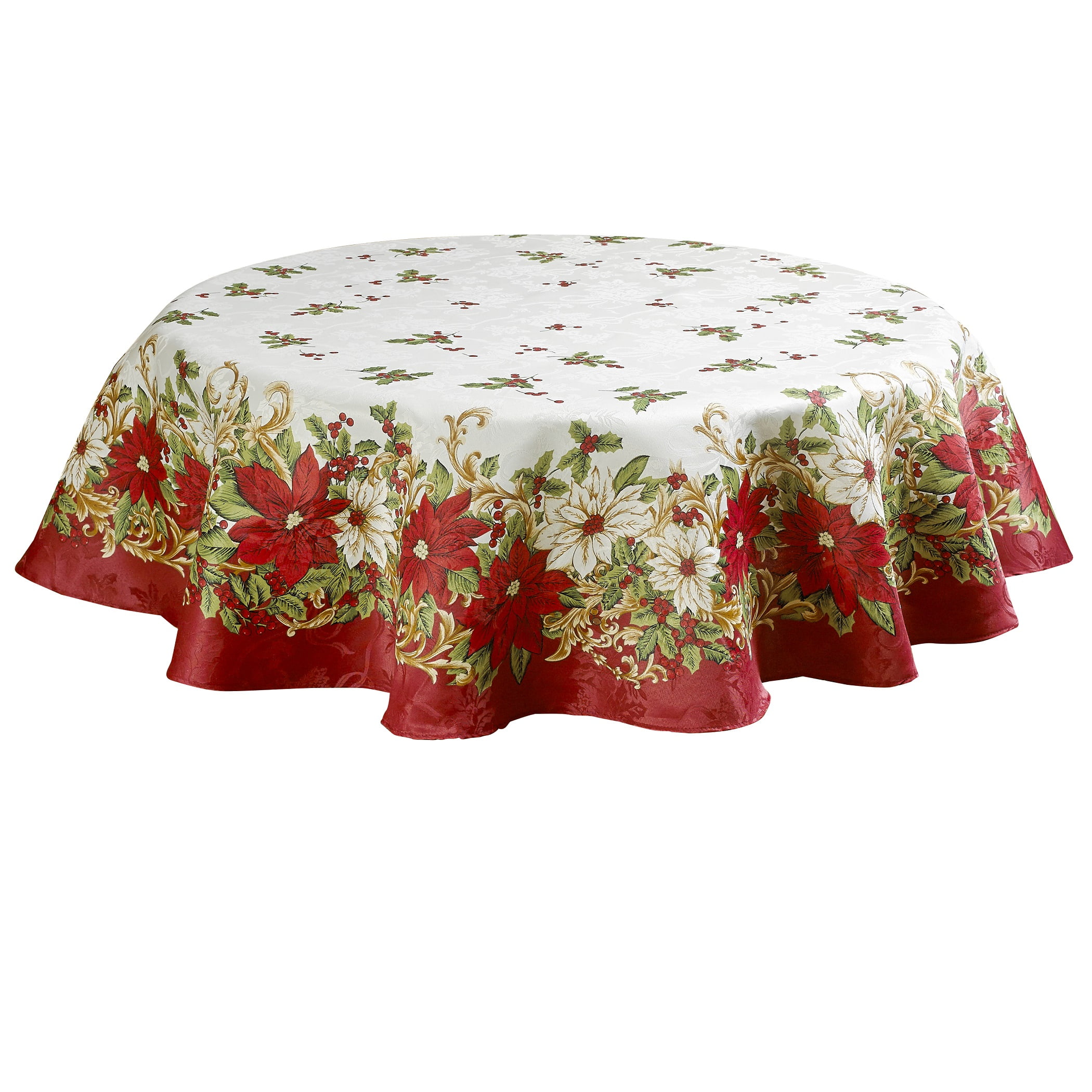 Violet Linen Christmas Tablecloth, Poinsettia & Holly Berry Print, 70 ...
