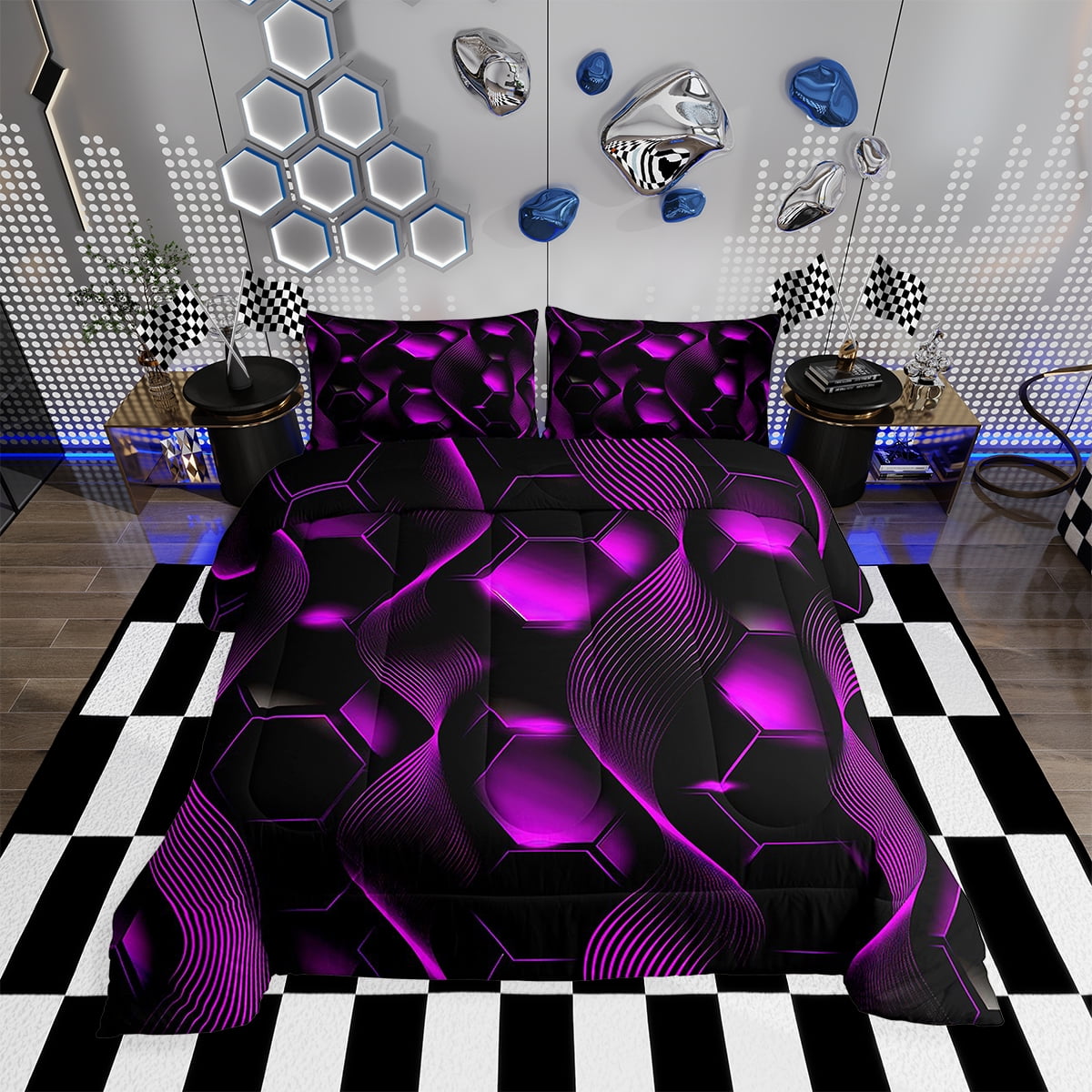 Violet Purple Honeycomb Full Bedding Set,Geometric Striped Hexagonal ...