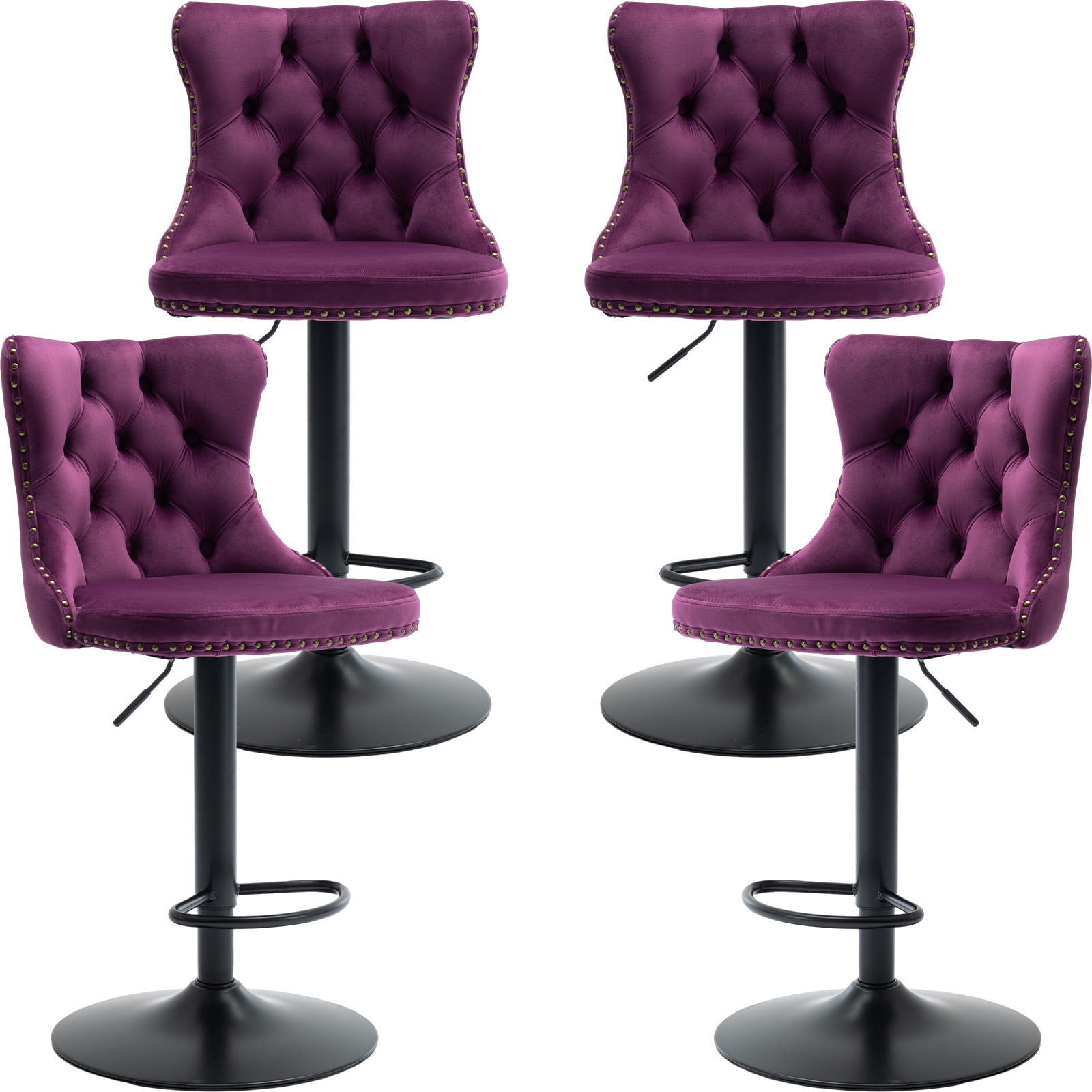 Violet Velvet Bar Stools Set of 4 - Adjustable Swivel Purple Counter ...