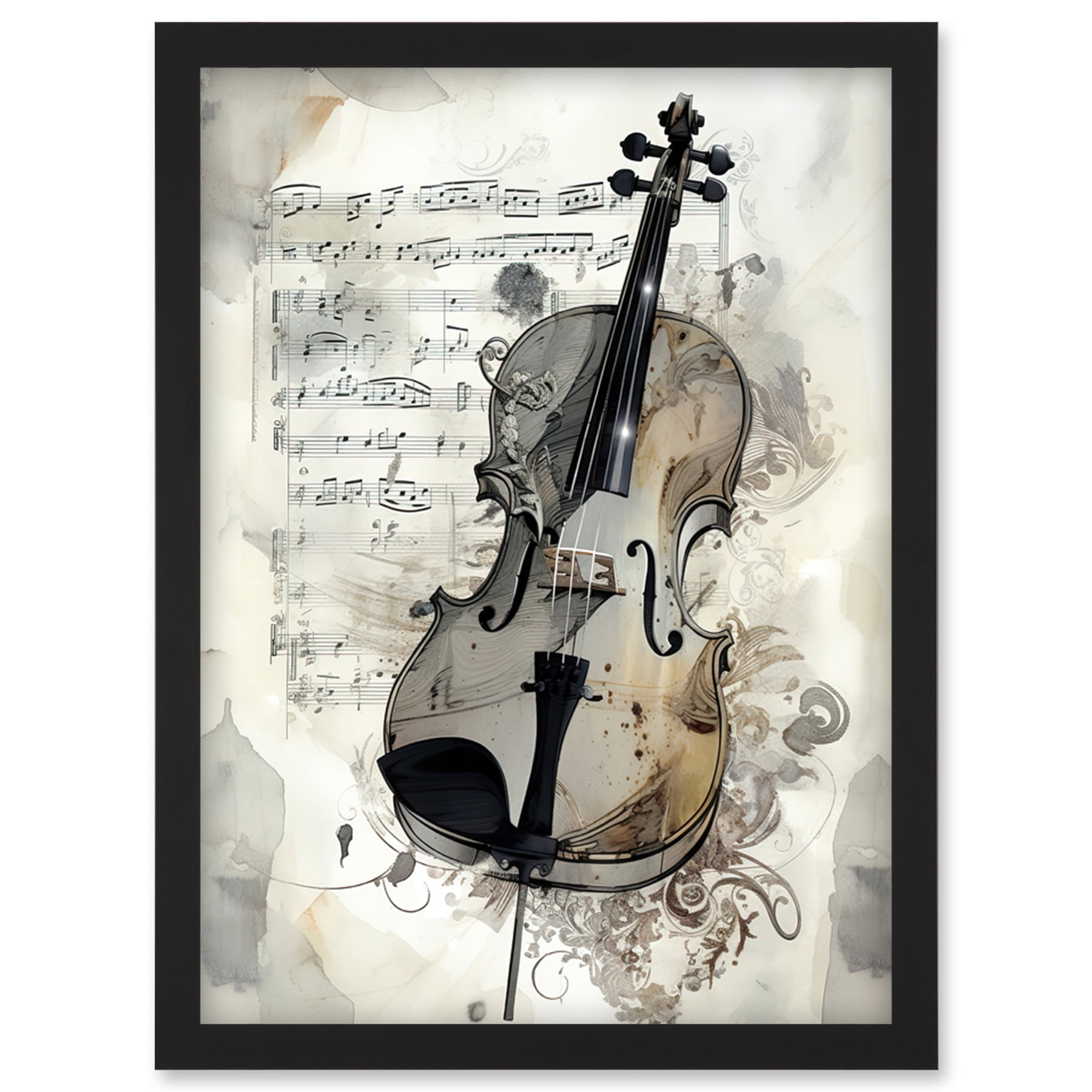 Violin Instrument and Sheet Music Modern Monochrome Watercolour ...