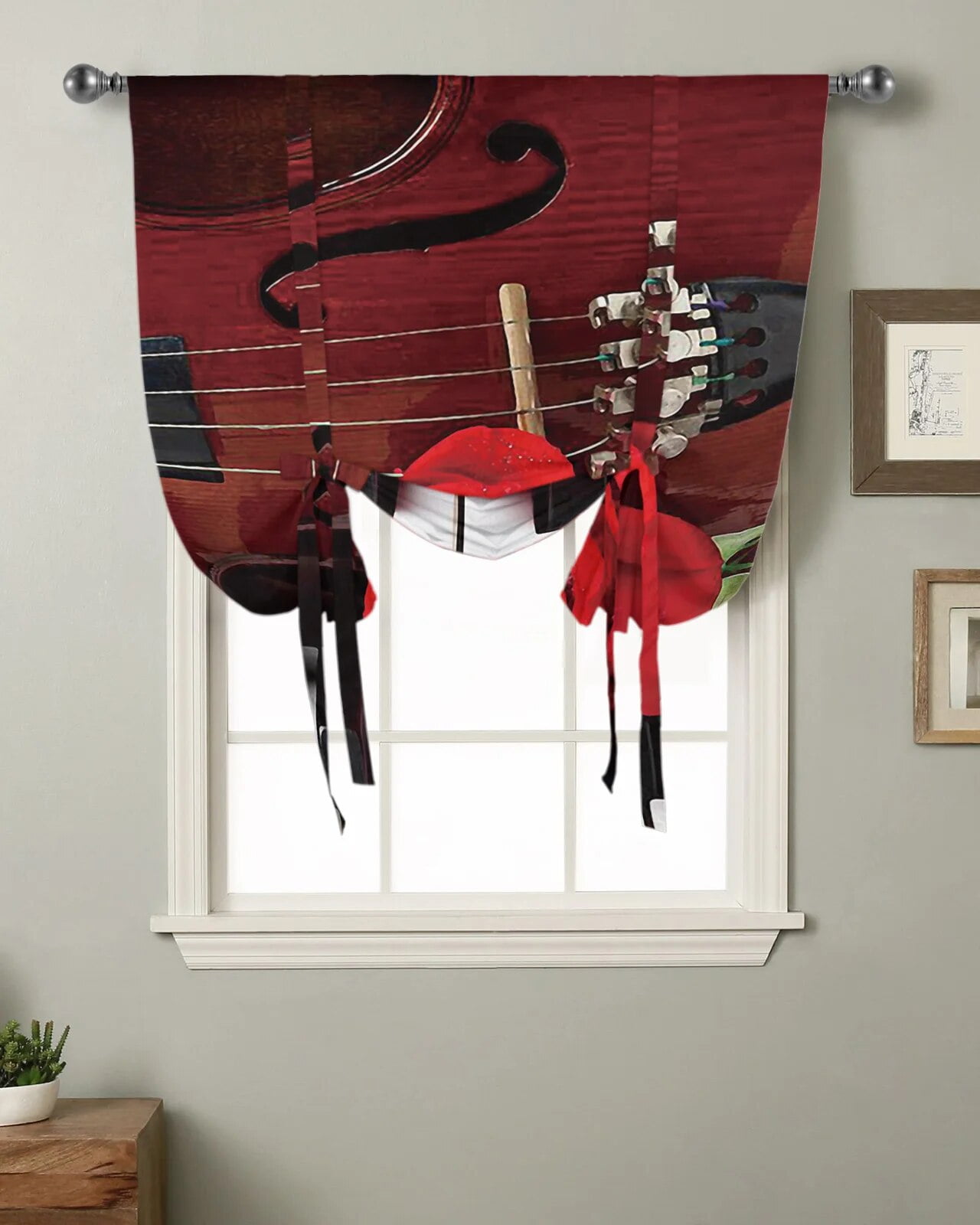 Violin Red Roses Piano Flower Kitchen Short Window Curtain Rod Pocket ...