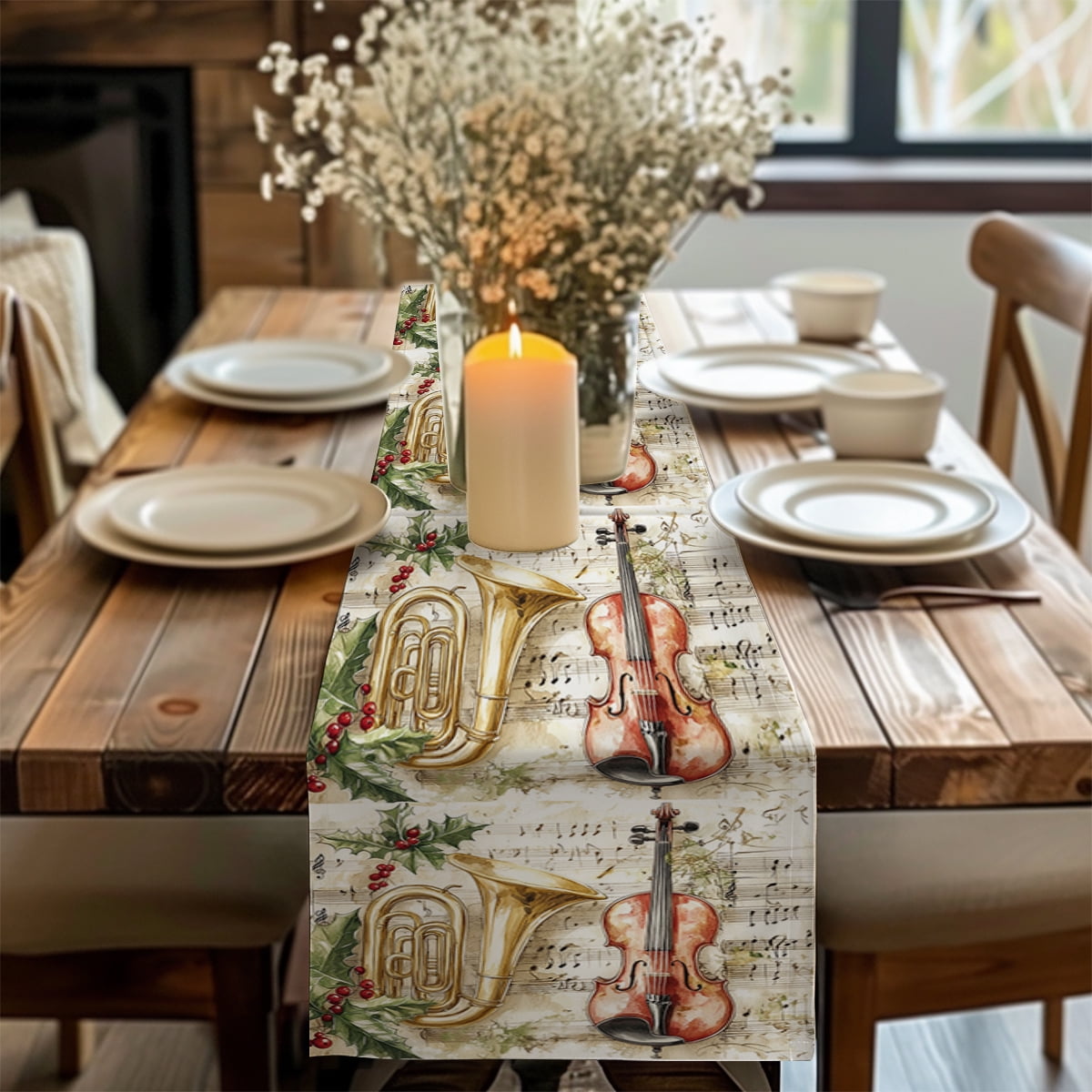Violin Saxoph Holly Tree Music Table Runner Kitchen Table r Farmhouse ...