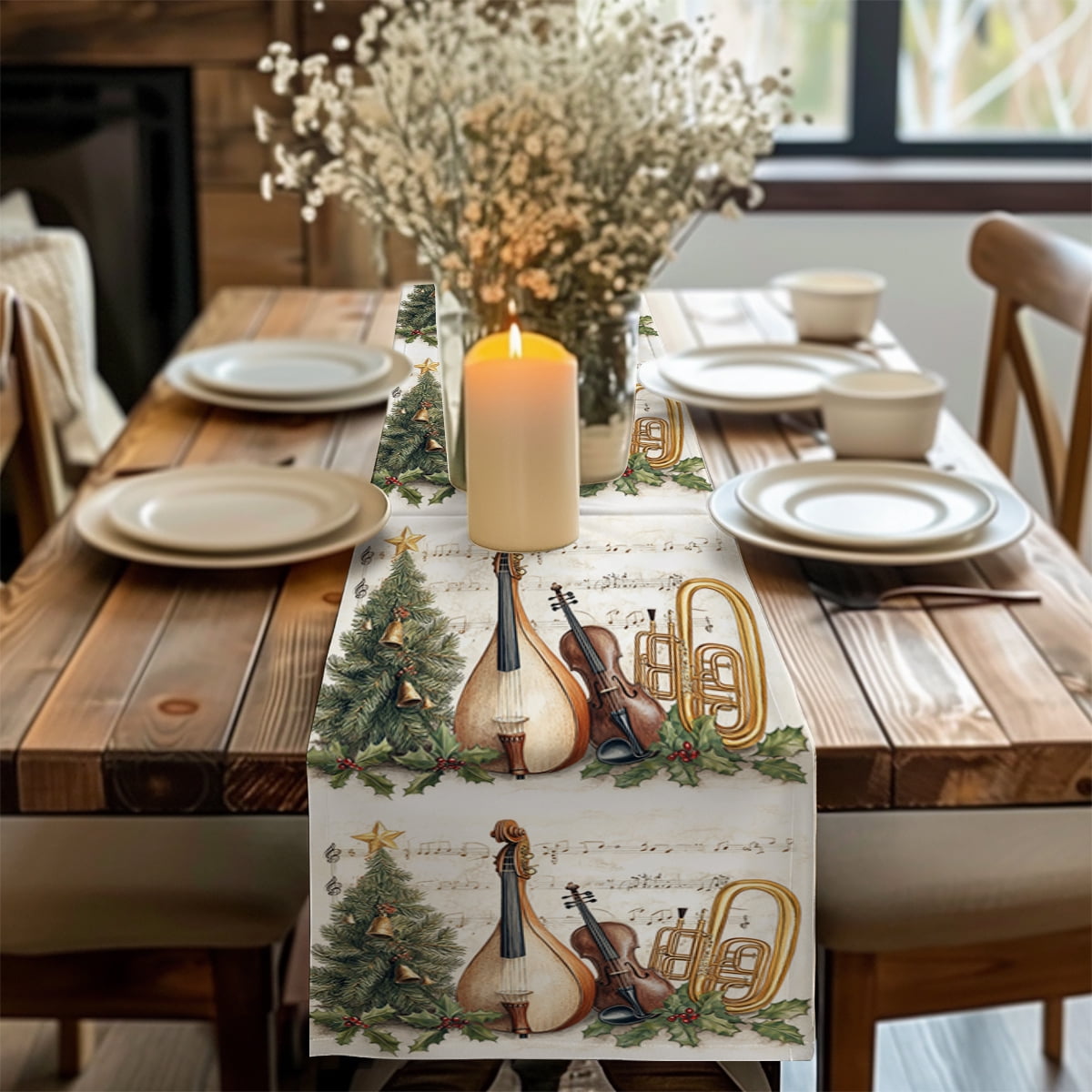 Violin Saxoph Holly Tree Music Table Runner Kitchen Table r Farmhouse ...