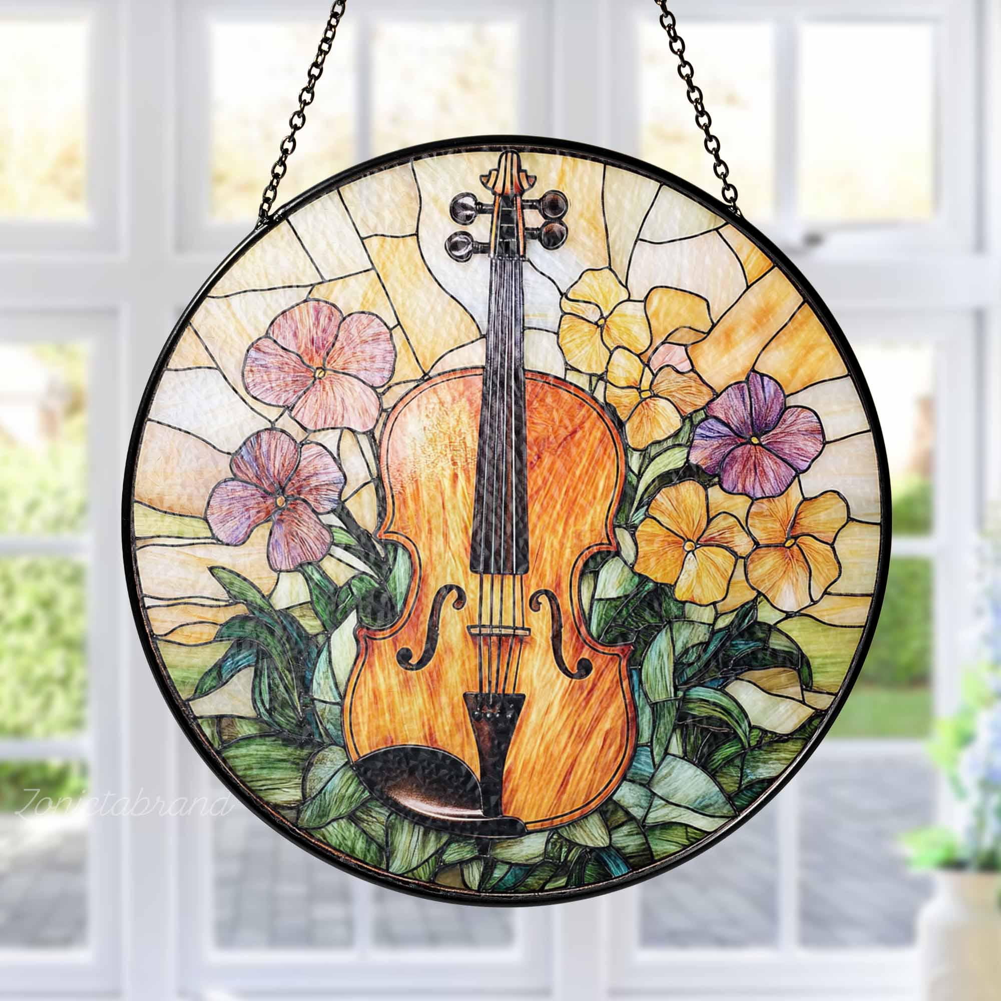 Violin Stained Glass Suncatcher, Musical Instrument Window Hanging ...