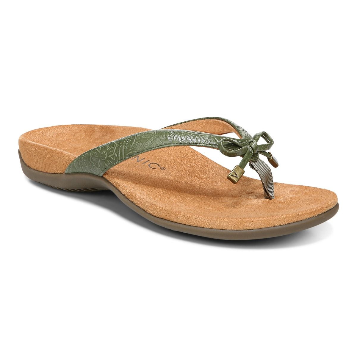 Vionic Women's Bella Toe Post Sandal Army Green Floral Embossed ...