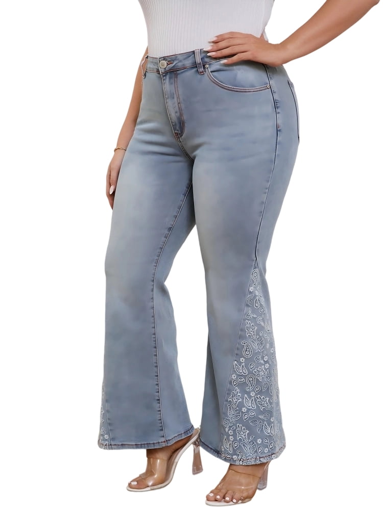 VipHoney High Waist Flare Cut Embroidered Panels Jeans Women's Plus ...