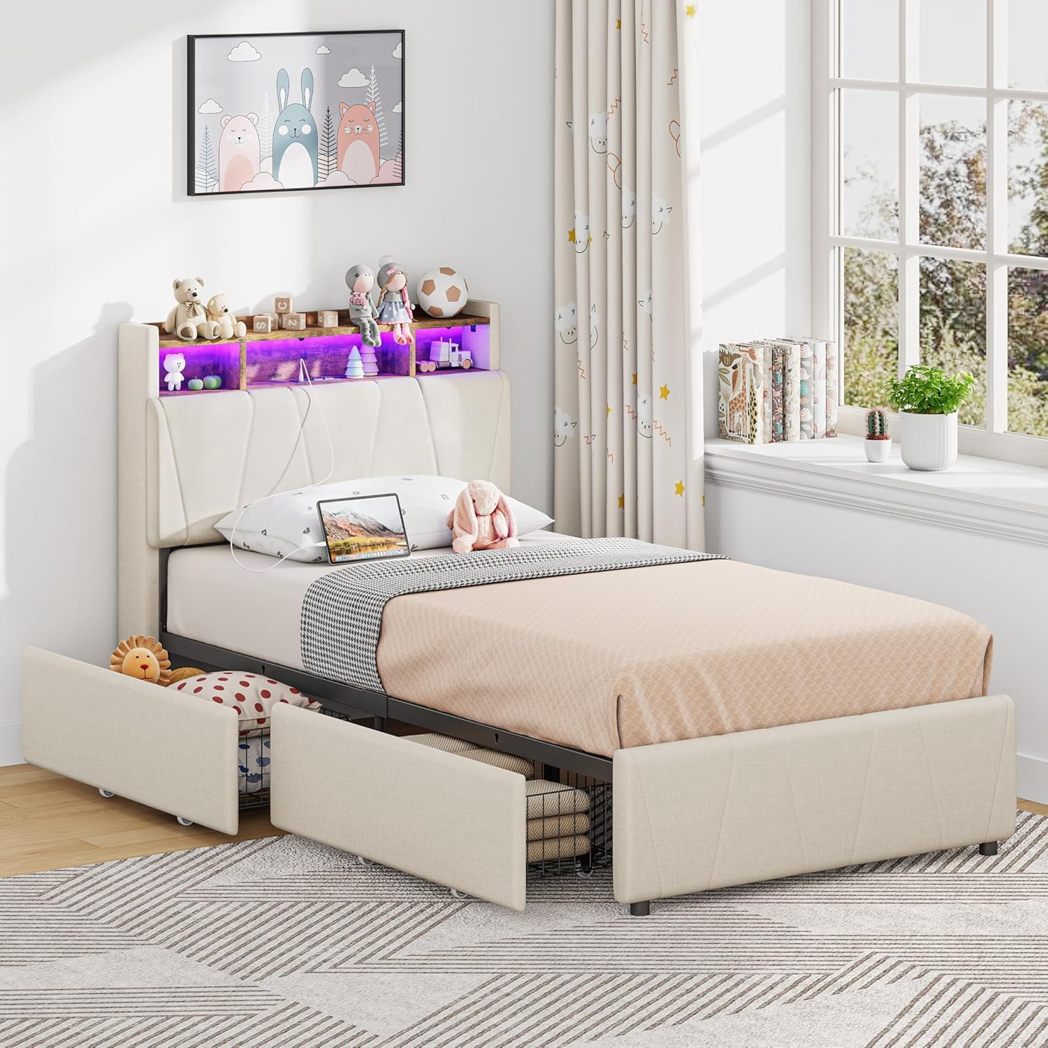 Vipday Twin Bed Frame with 2 Storage Drawers, Charging Station & LED ...