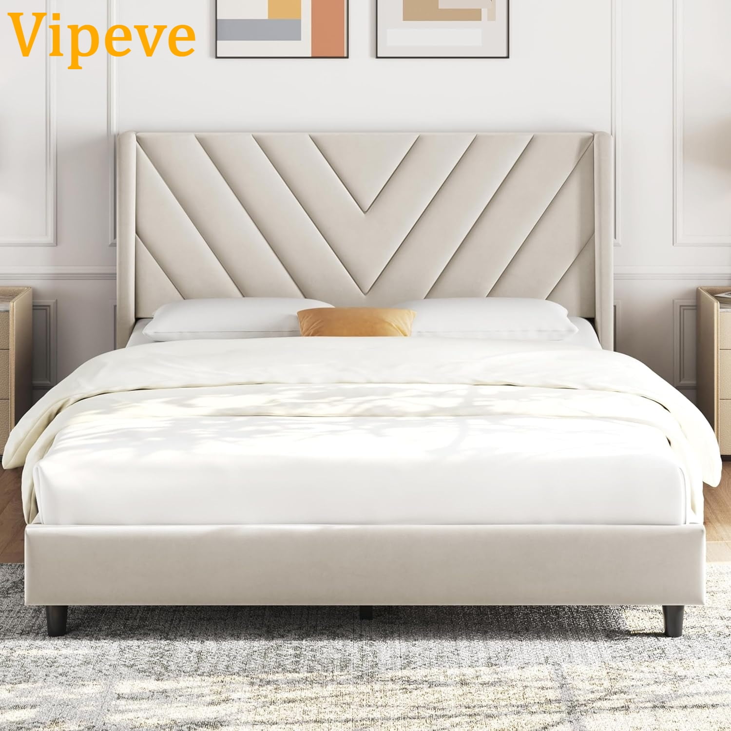 Vipeve Queen Bed Frame Upholstered Platform Bed with Wing Side/Wooden ...