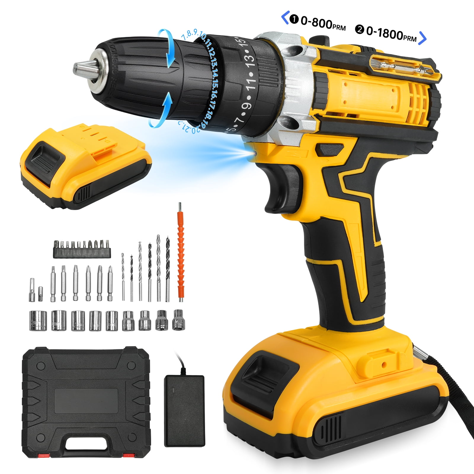 Vipsafe 21V Cordless Drill Kit, 38-Piece Set, 25+1 Torque, LED Light ...