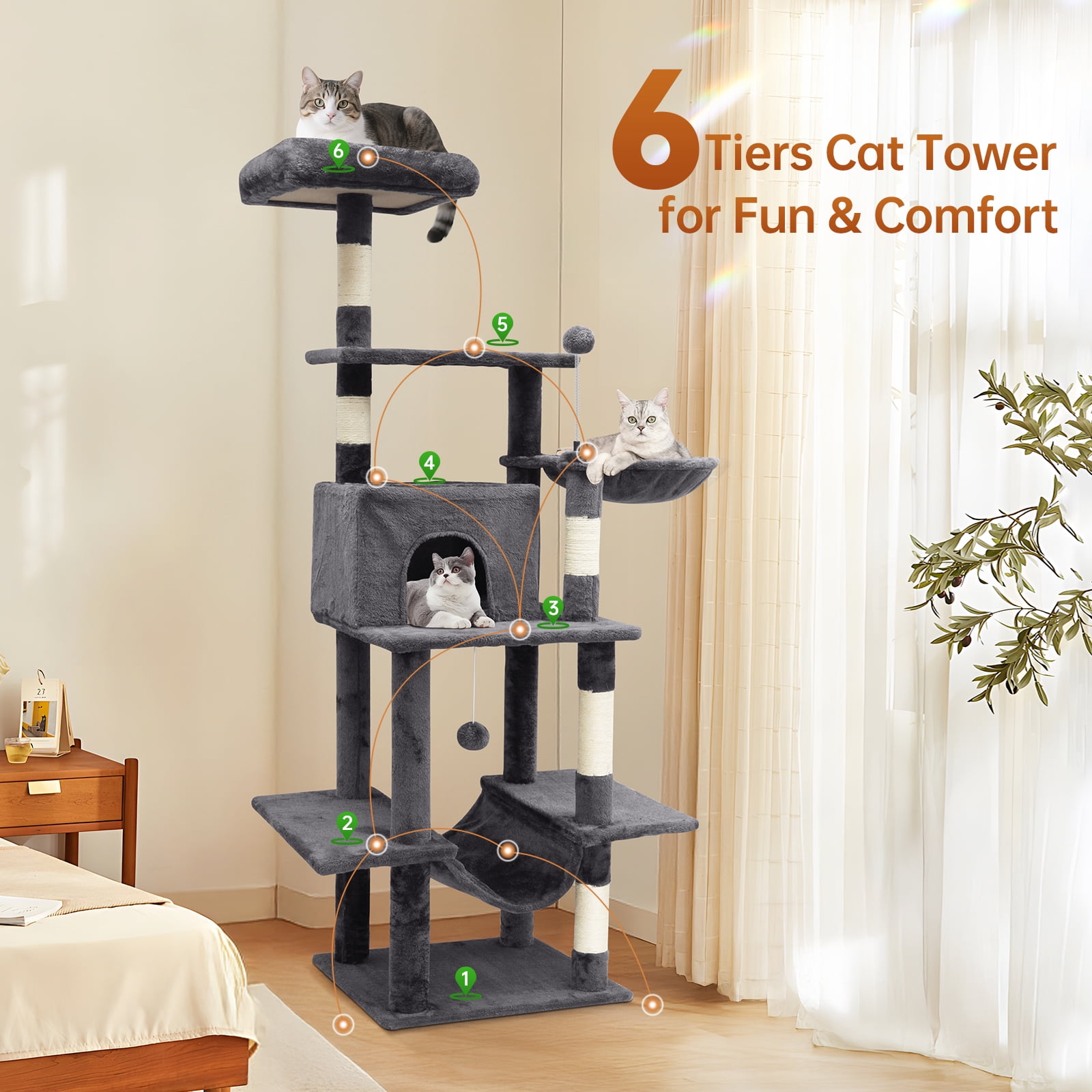 Vipsafe 63.8-Inch Cat Tree with 6 Tiers, Sisal Scratching Posts, Toys ...