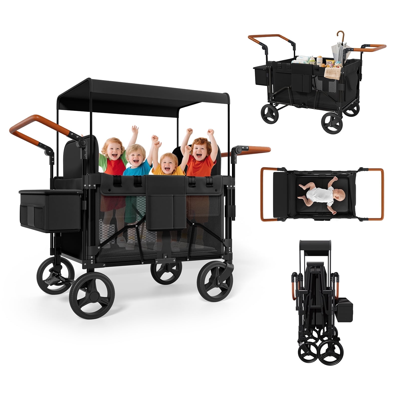 Vipsafe Foldable Wagon Stroller for 4 Kids, Multifunctional Wagon with ...