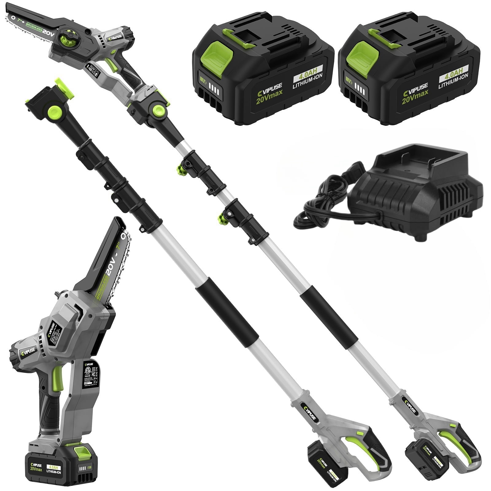 Vipuse 2-in-1 Brushless Cordless 16 FT Max Extension Pole Saws with Two ...