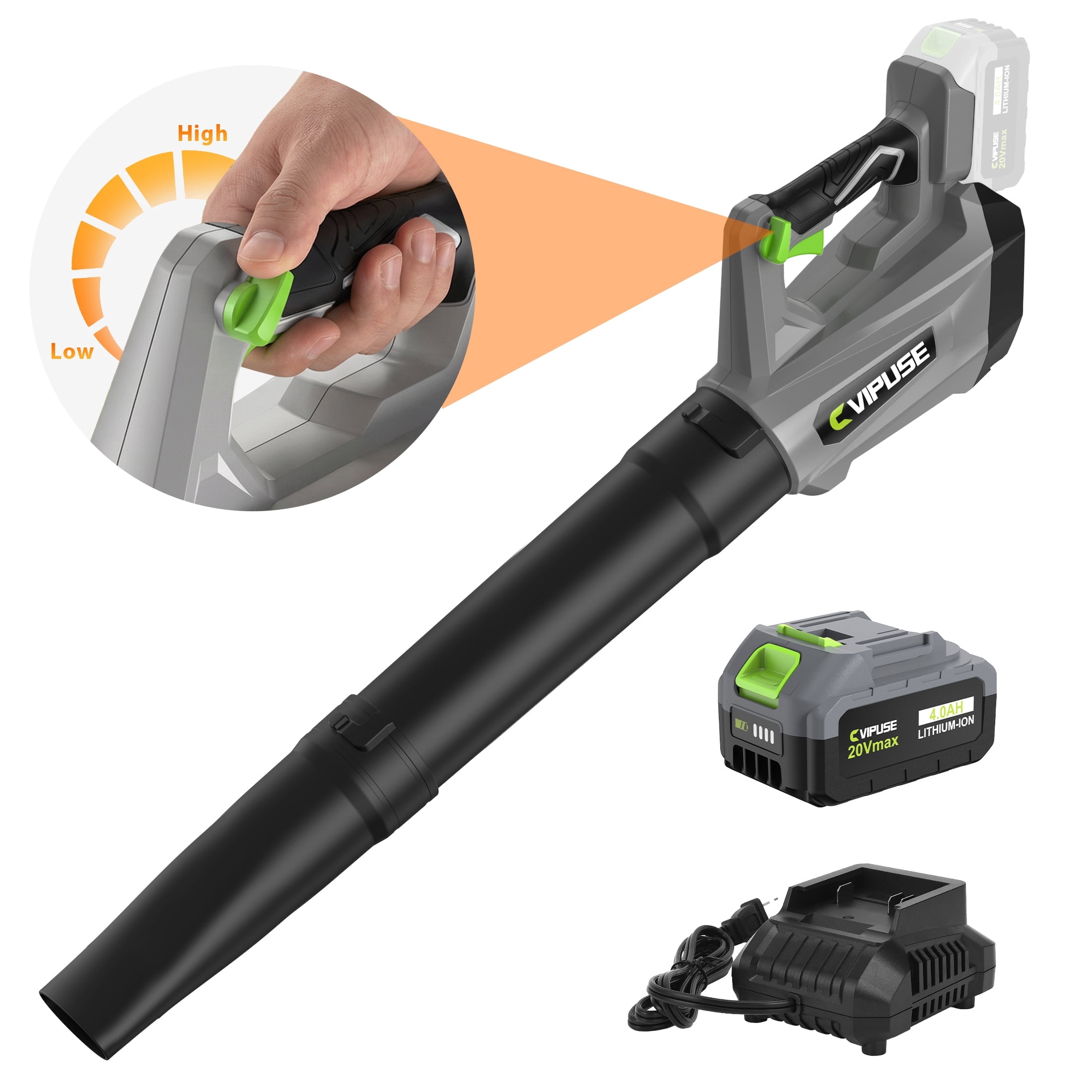 Vipuse Cordless Stepless Speed 600CFM 160MPH Leaf Blower with One 4.0Ah ...