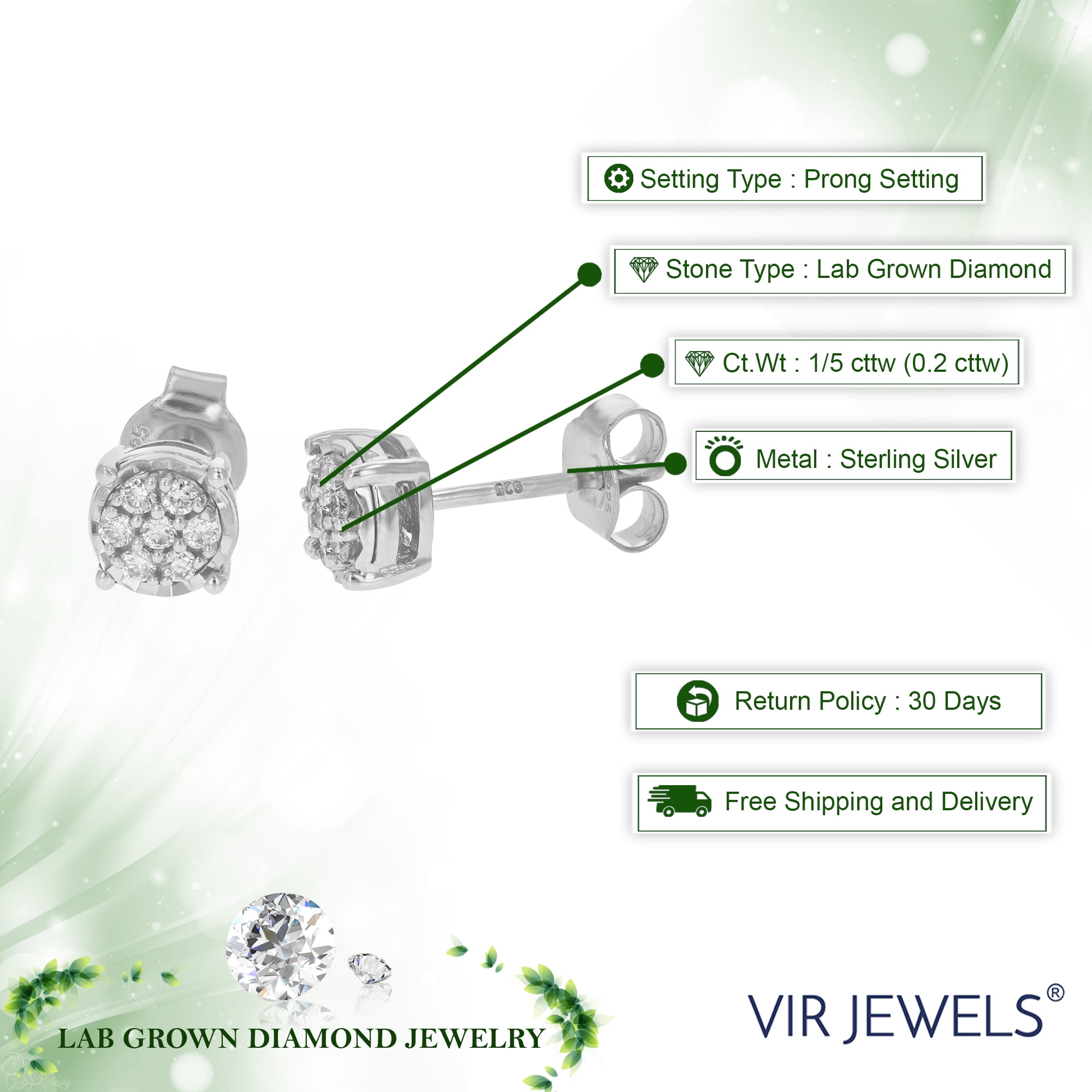 Vir Jewels 1/5 CTTW Lab Grown Diamond Stud Earrings in .925 Sterling ...
