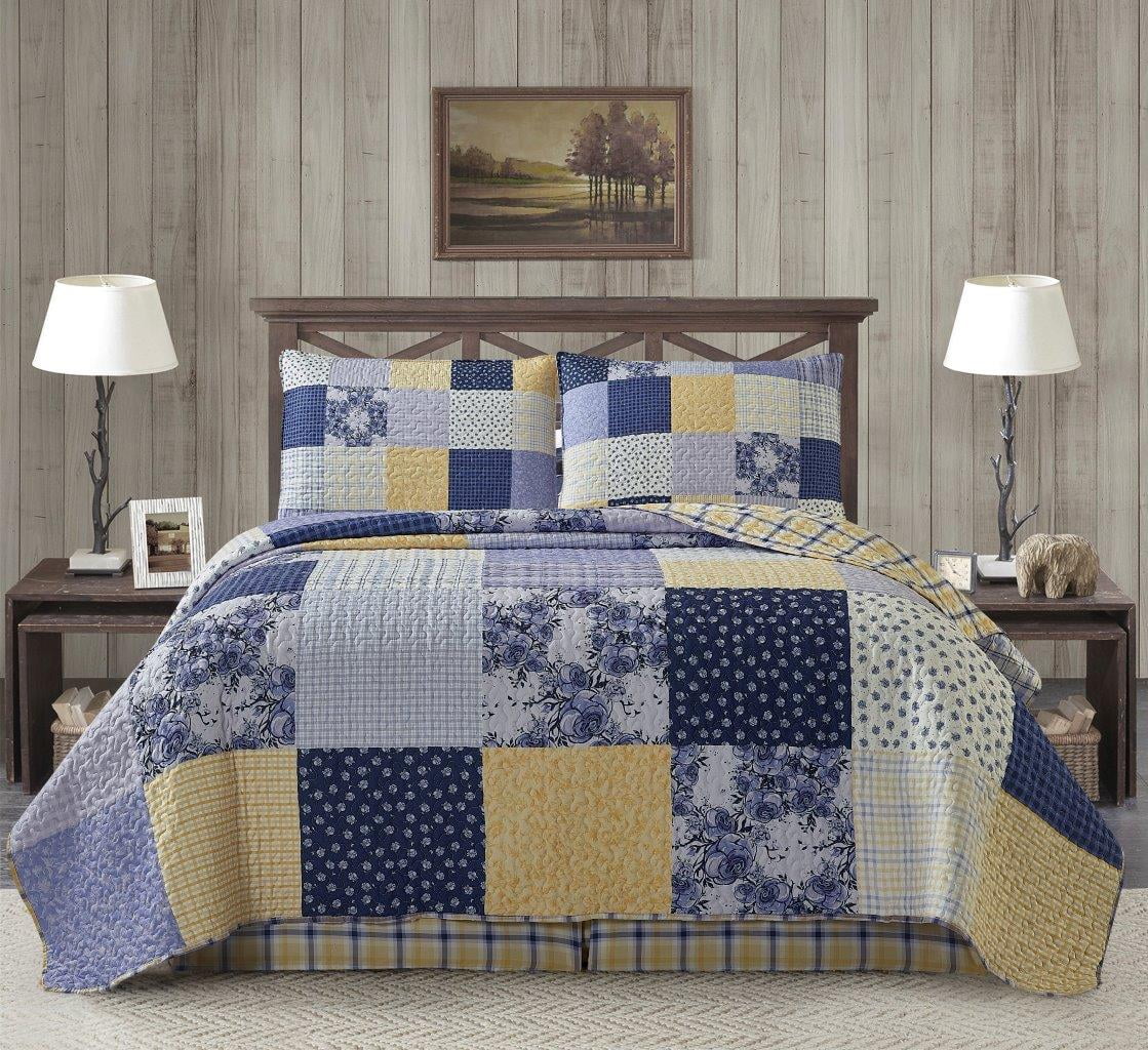 Virah Bella Garden Walk Blue Yellow Patchwork Full Queen Quilt & Shams ...