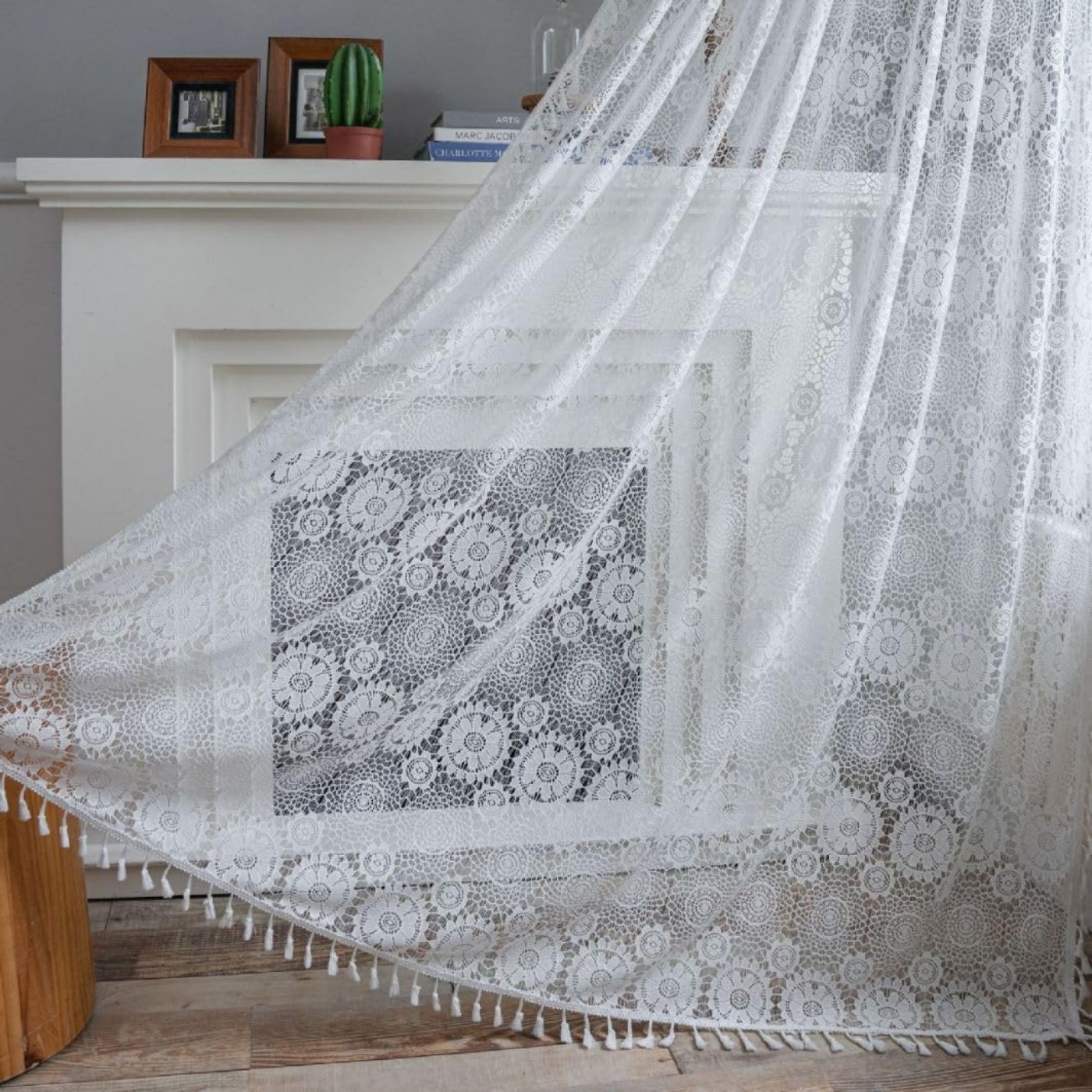 Vireellx Boho Curtain Crochet Lace Semi-Sheer Bohemian Hollow Knitted Lace with Handmade Tassels ...