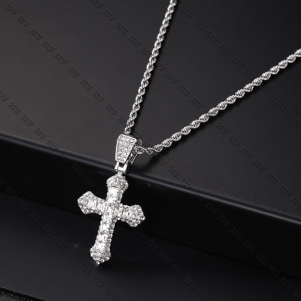 Vireellx Cross Pendant Necklace With Stainless Steel Rope Chain, White Gold Plated Hip Hop ...
